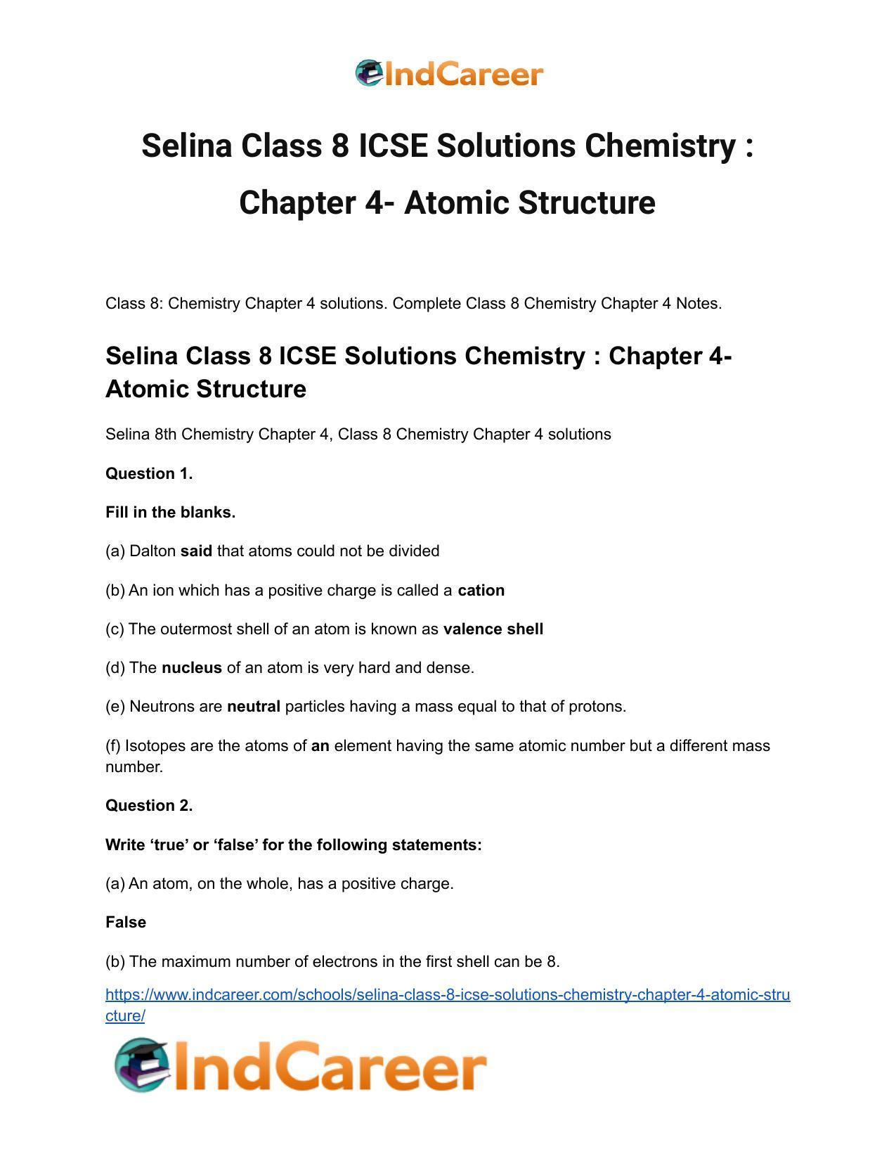 Selina Class 8 ICSE Solutions Chemistry : Chapter 4- Atomic Structure - IndCareer Docs