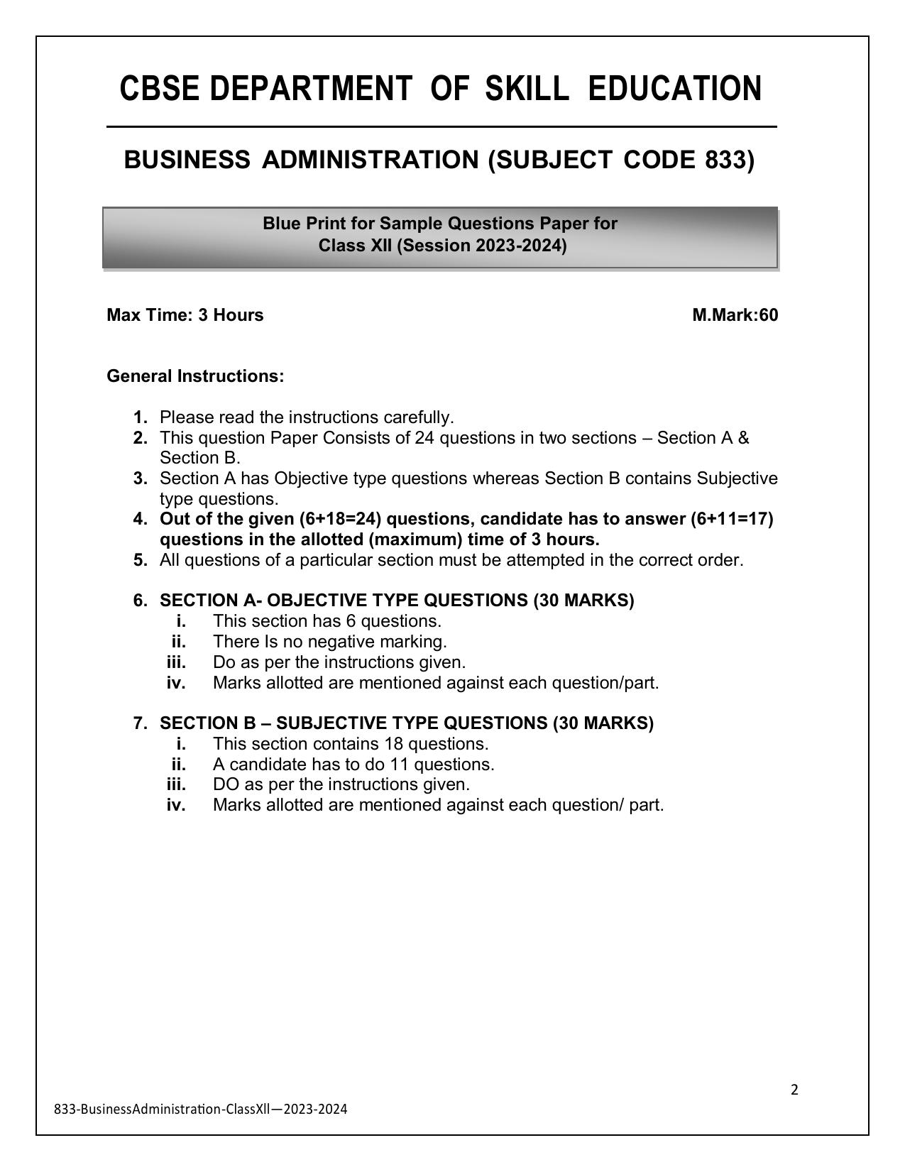 CBSE Class 12 Business Administration Sample Papers: 2023, 2024 - IndCareer Schools