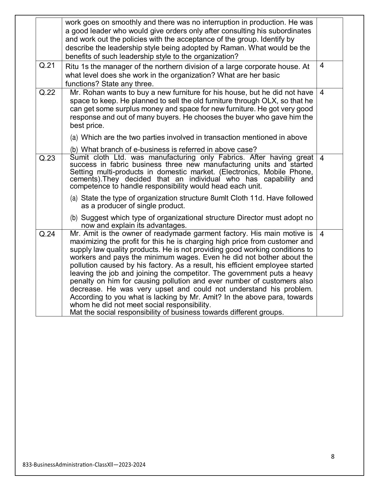 CBSE Class 12 Business Administration Sample Papers: 2023, 2024 ...