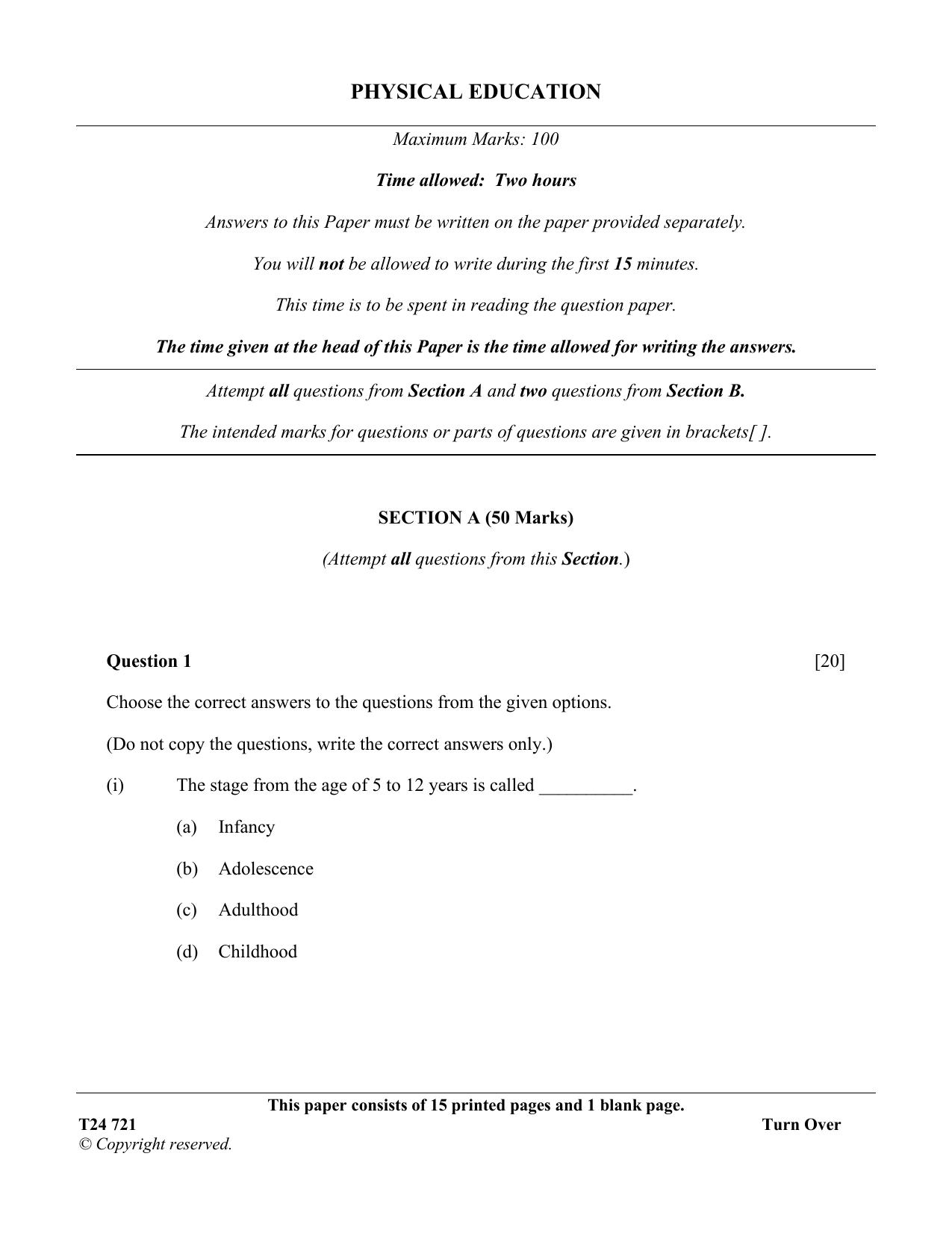 ICSE Class 10 Physical Education 2024 Question Paper - IndCareer Docs