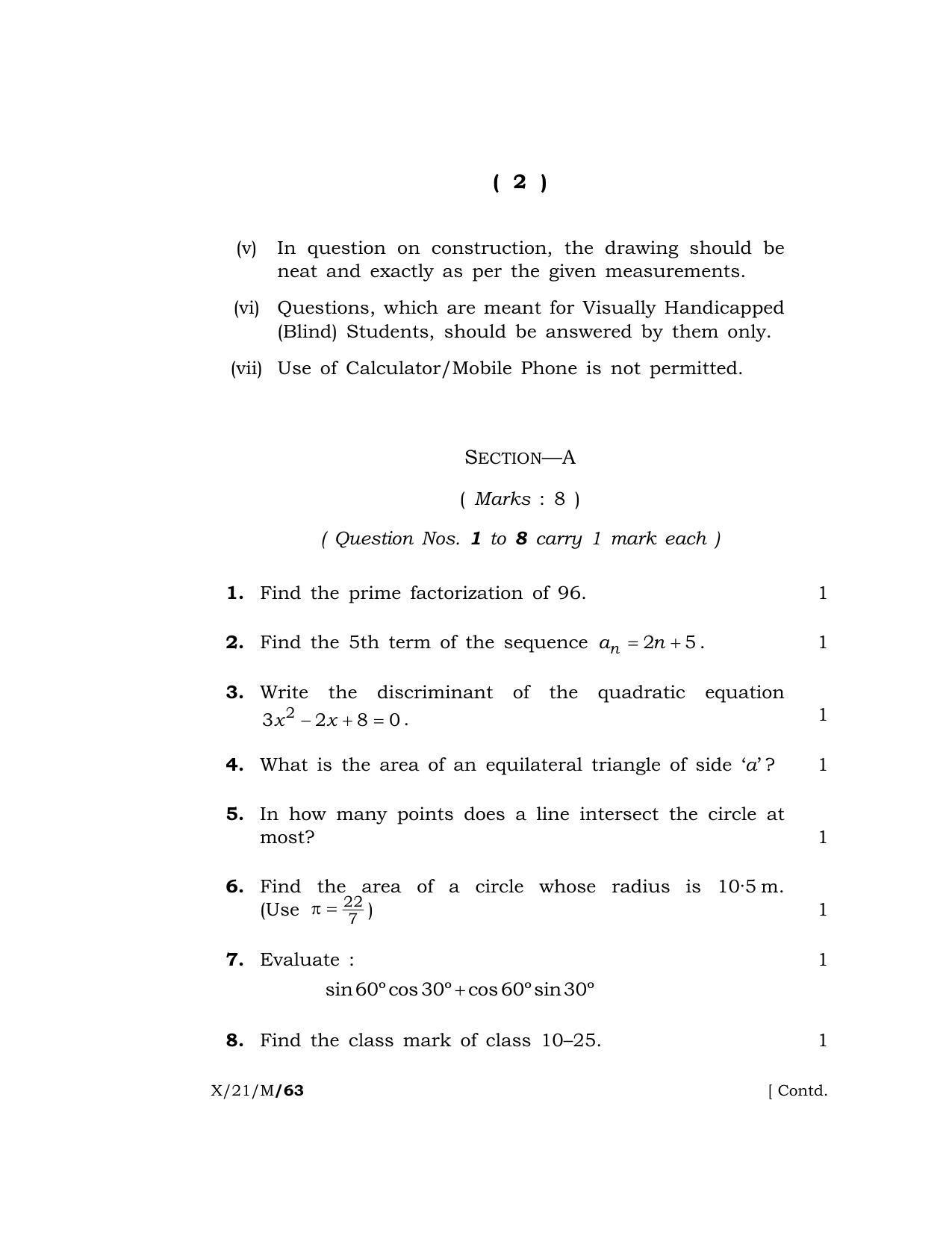 Meghalaya Board (MBOSE) Class 10 MATHEMATICS (X-21-M) 2021 Question ...