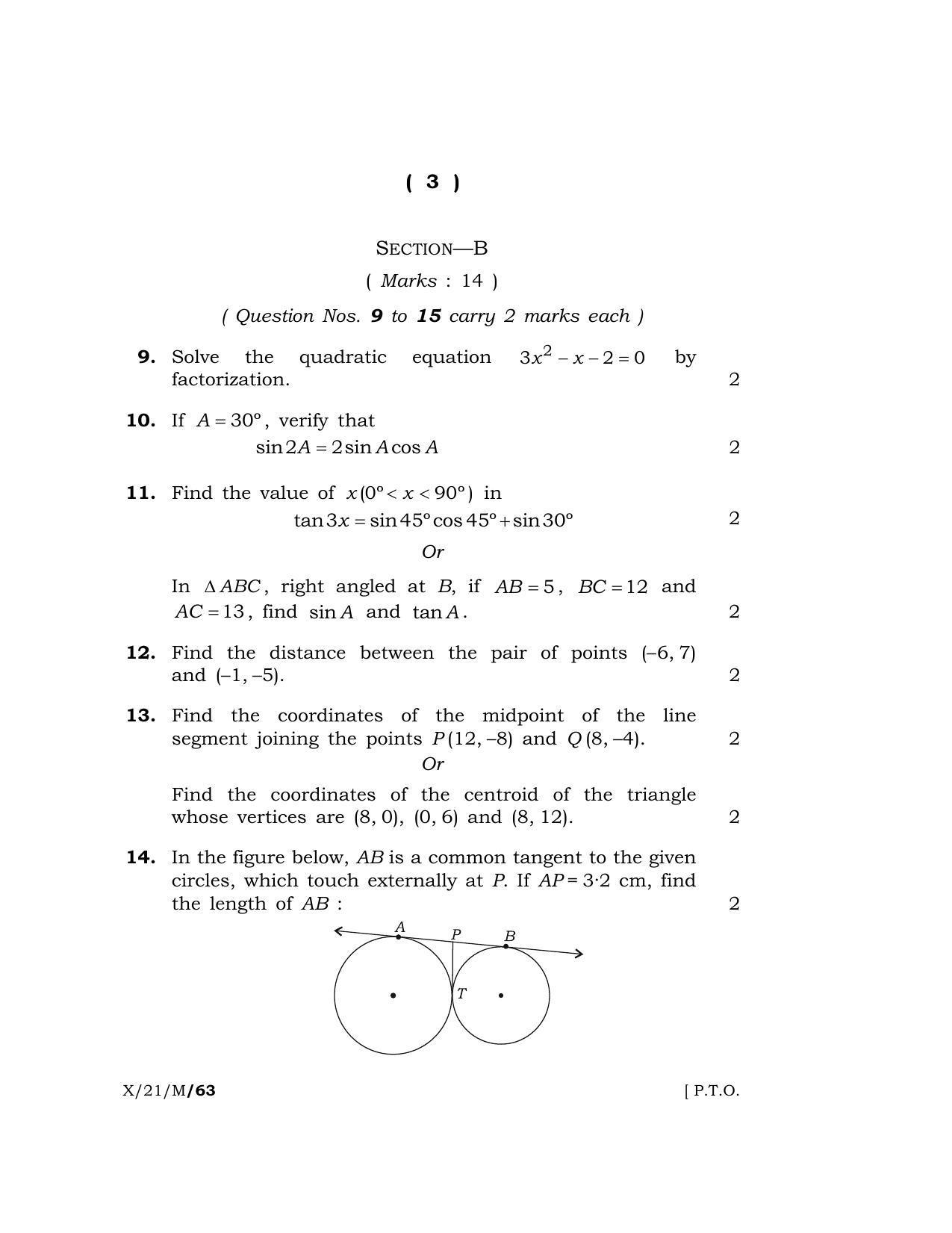 Meghalaya Board (MBOSE) Class 10 MATHEMATICS (X-21-M) 2021 Question ...