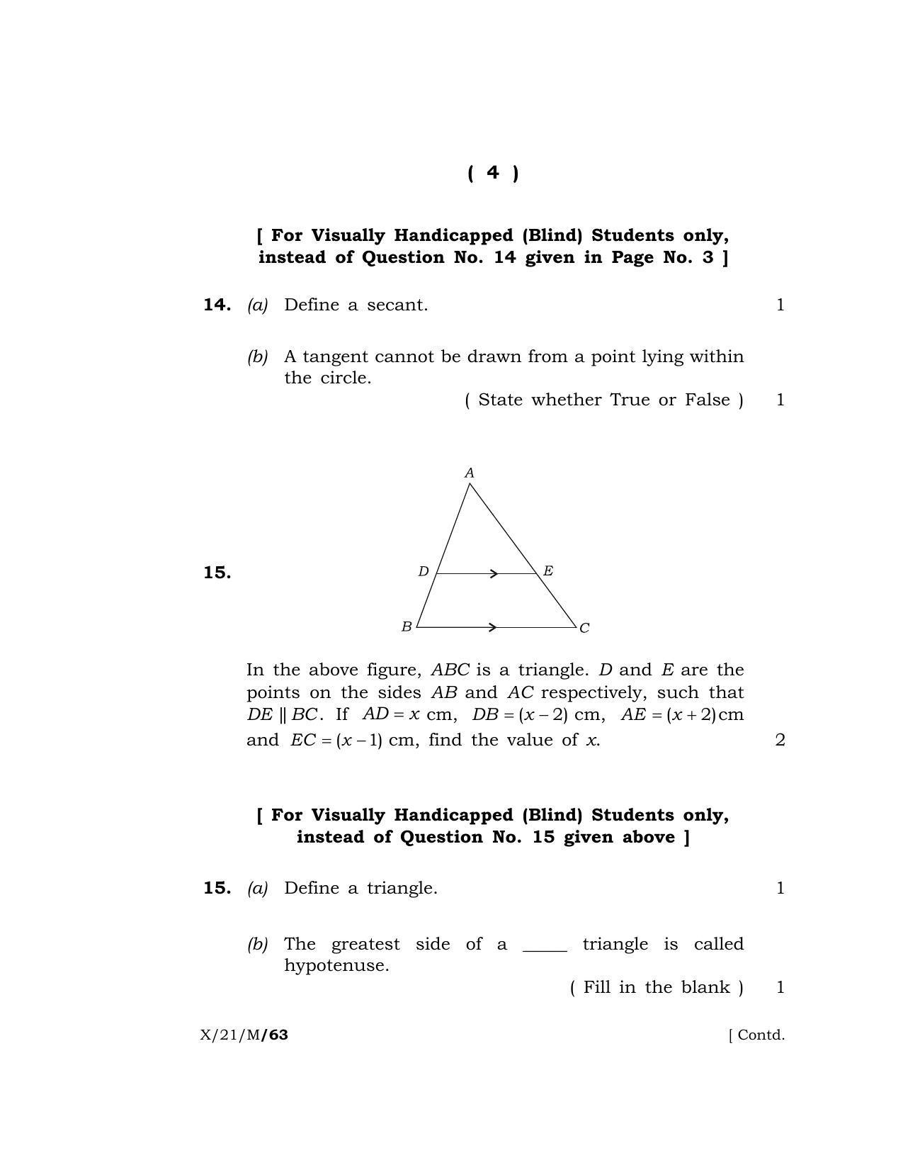 Meghalaya Board (MBOSE) Class 10 MATHEMATICS (X-21-M) 2021 Question ...