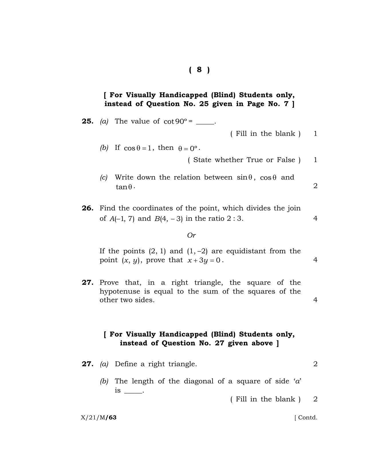 Meghalaya Board (MBOSE) Class 10 MATHEMATICS (X-21-M) 2021 Question ...
