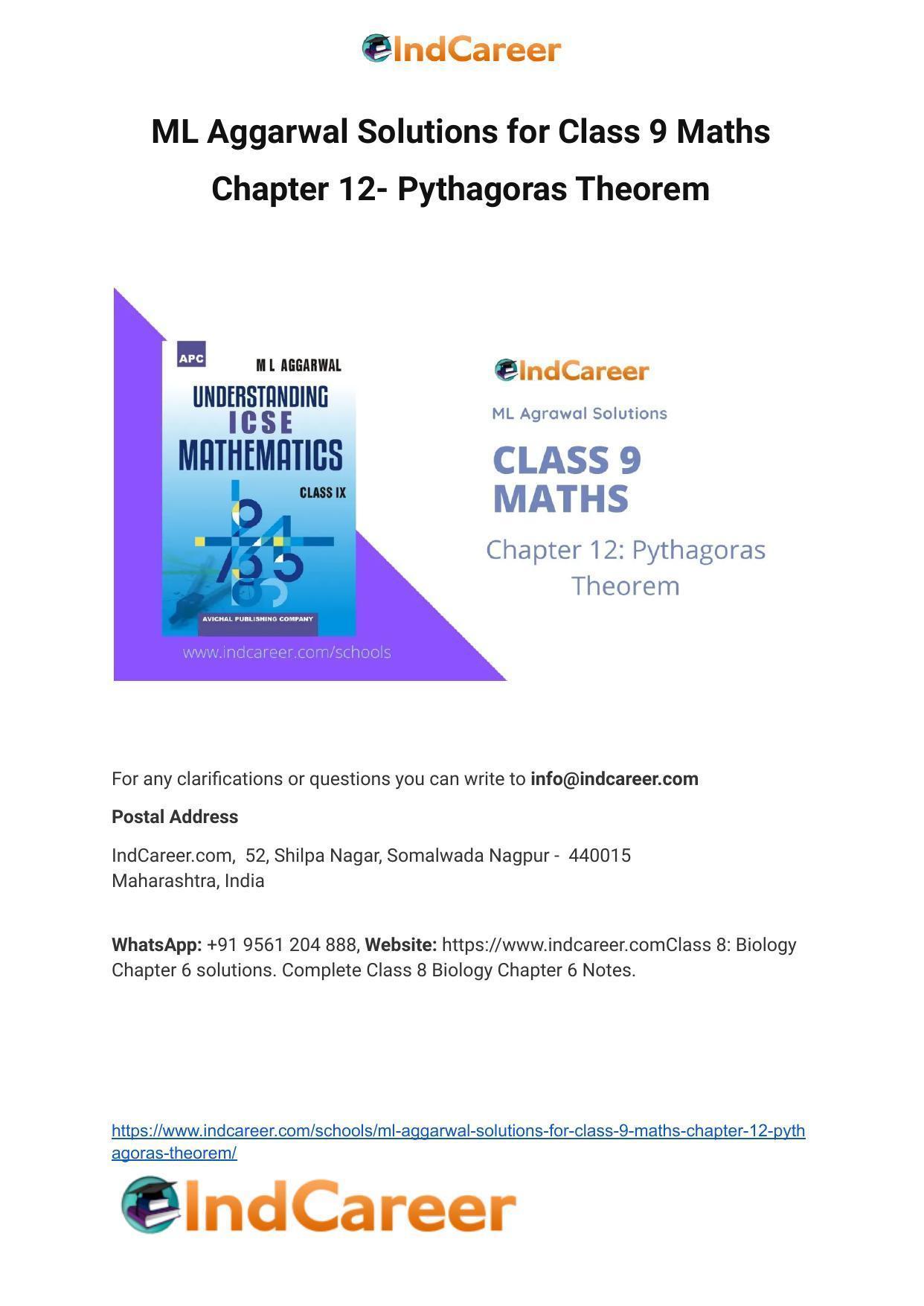 ML Aggarwal Solutions for Class 9 Maths Chapter 12- Pythagoras Theorem - IndCareer Docs