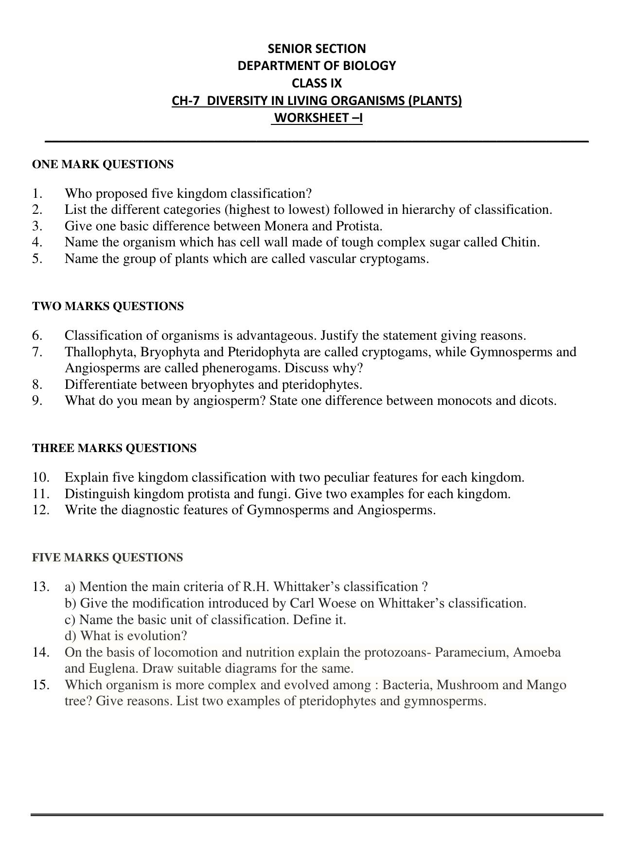 CBSE Worksheets for Class 9 Science Diversity in Living Organisms ...