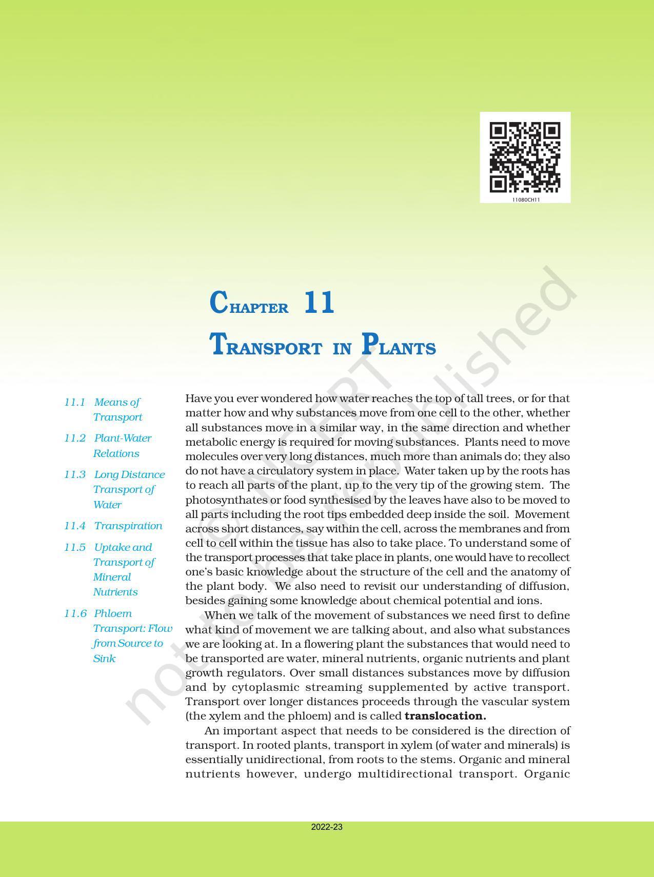NCERT Book for Class 11 Biology Chapter 11 Transport in Plants