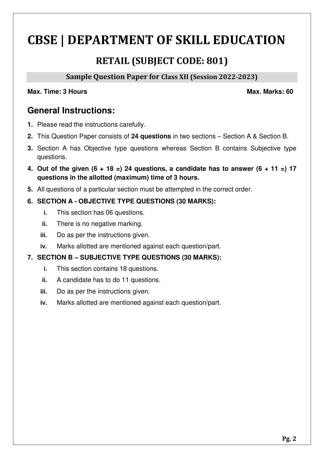 CBSE Class 12 Retail Sample Papers 2023 - IndCareer Docs