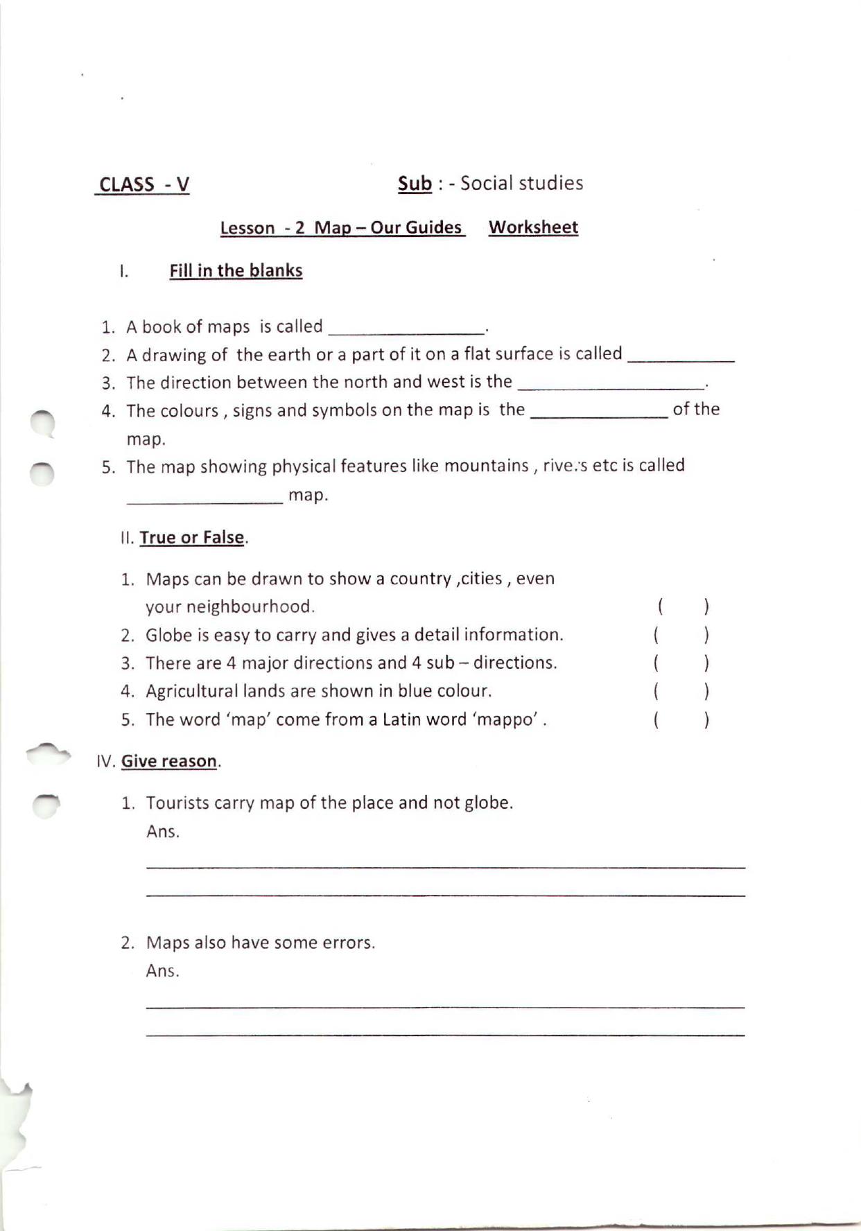 Worksheet for Class 5 Social Science Map Our Guide Assignment - IndCareer Docs