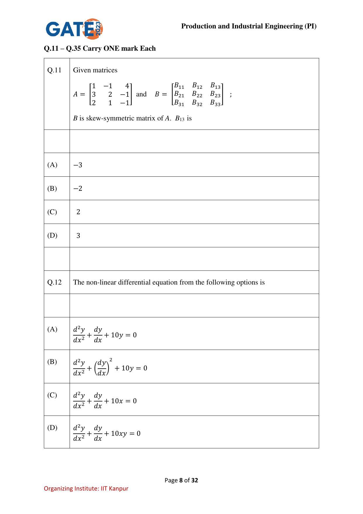 GATE 2023 Production and Industrial Engineering (PI) Question Paper ...