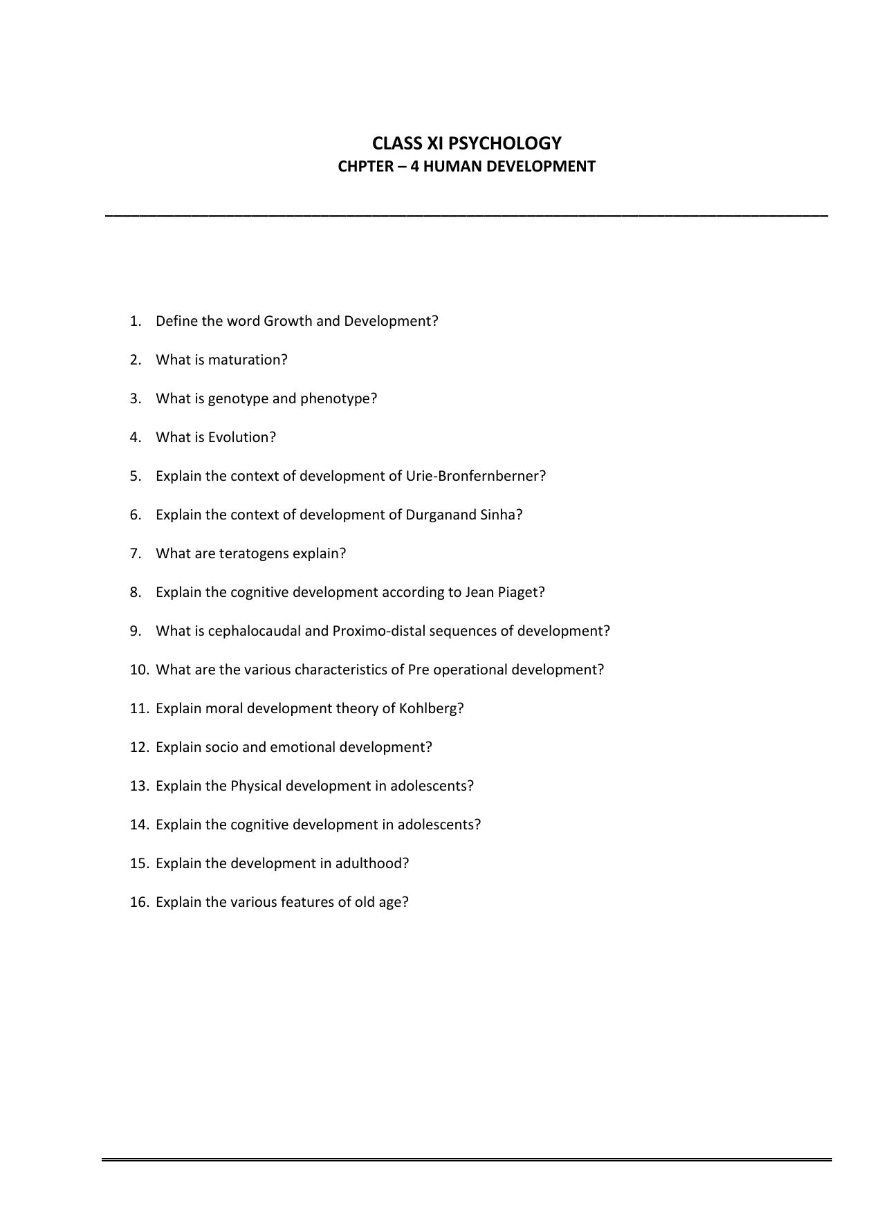 CBSE Worksheets for Class 11 Psychology Human Development Assignment 1 ...