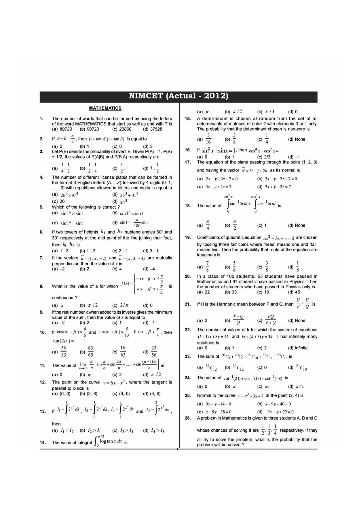 NIMCET 2012 Question Paper - IndCareer Docs