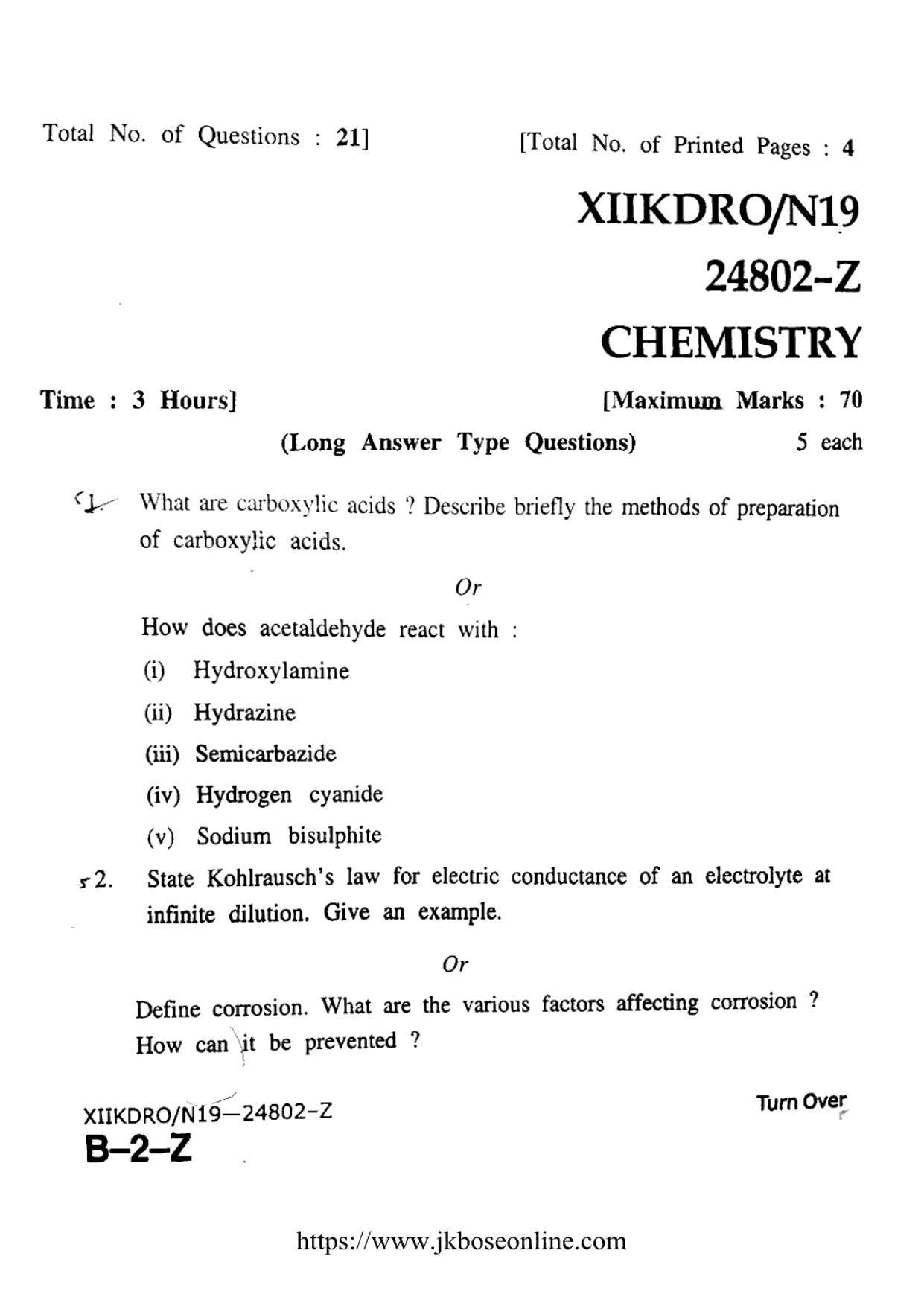 JKBOSE Class 12 Chemistry 24802 Z Question Papers 2019 IndCareer Docs
