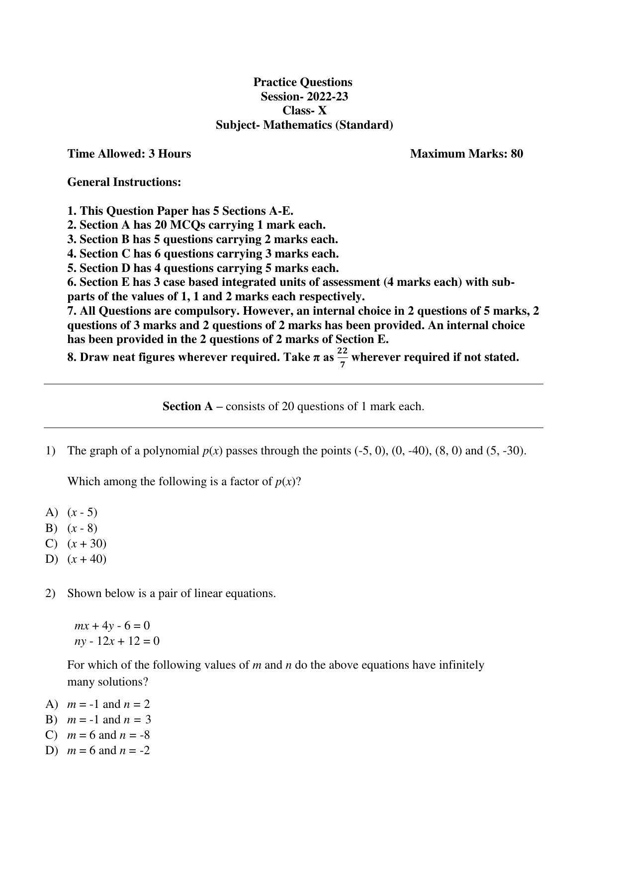 CBSE Class 10 Mathematics Practice Questions 2022-23 - IndCareer Docs