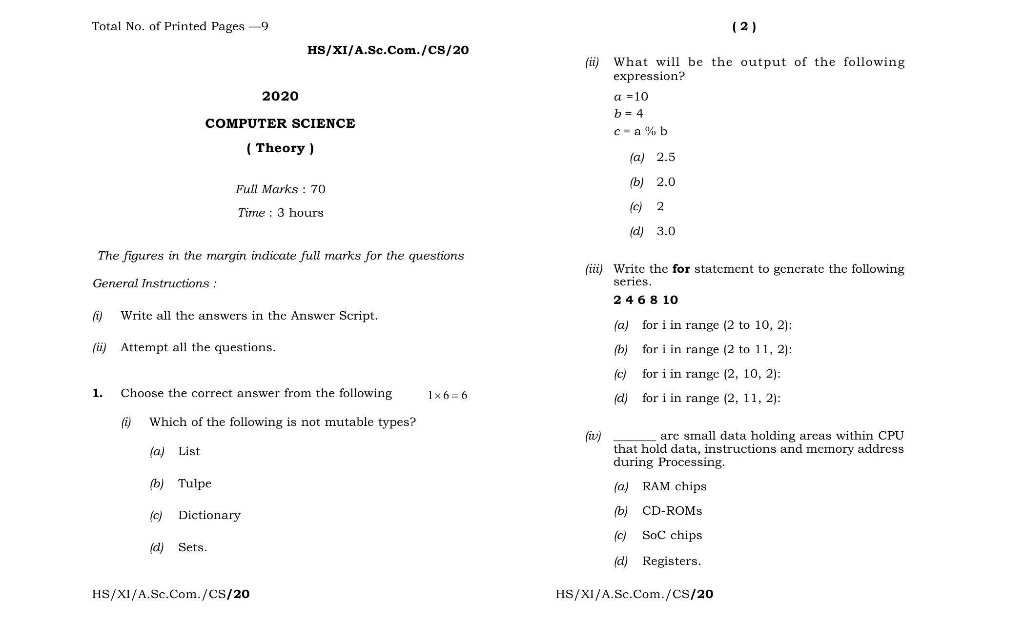 Meghalaya Board (MBOSE) Class 11 Computer Science 2020 Question Paper ...