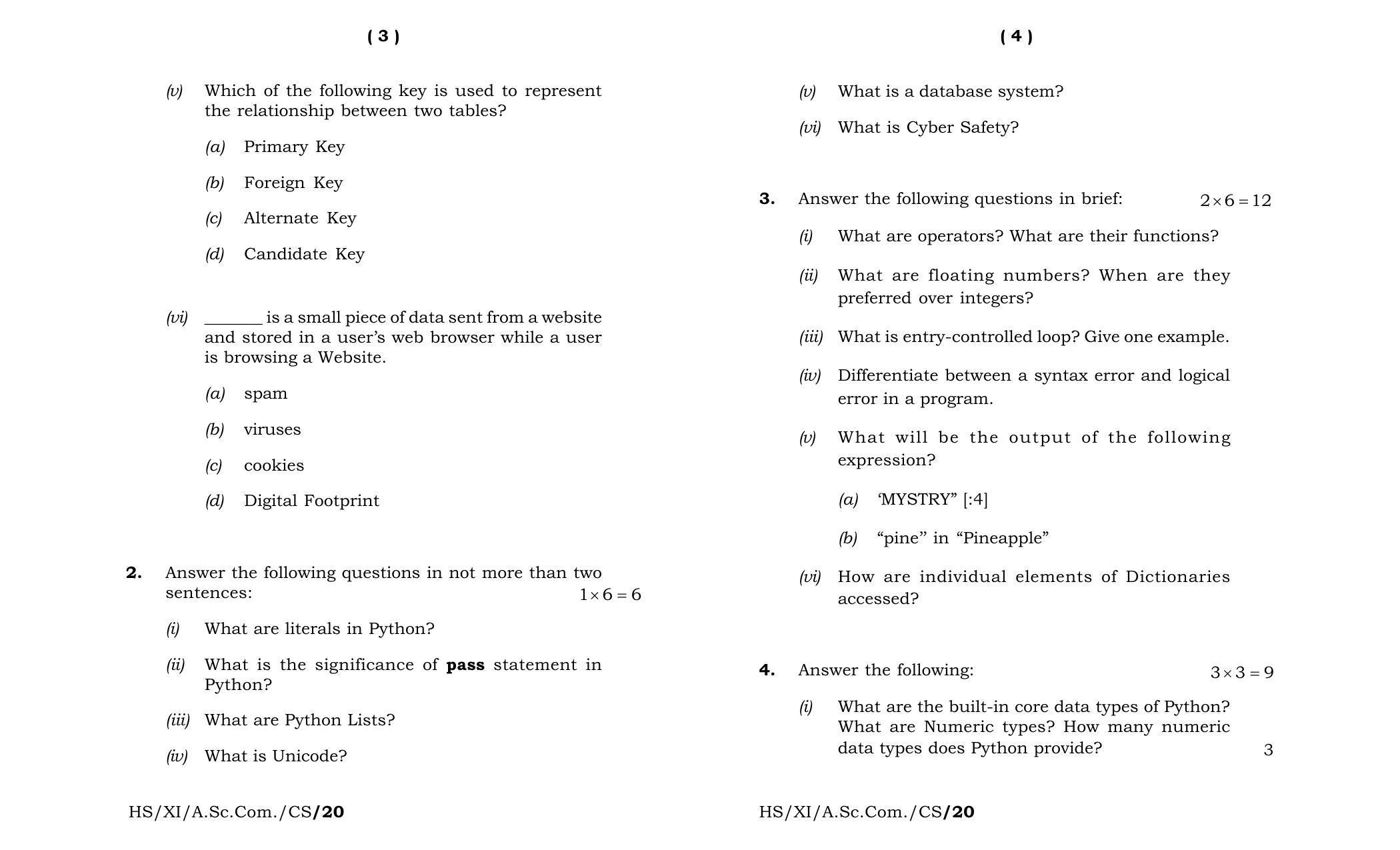 Meghalaya Board (MBOSE) Class 11 Computer Science 2020 Question Paper ...