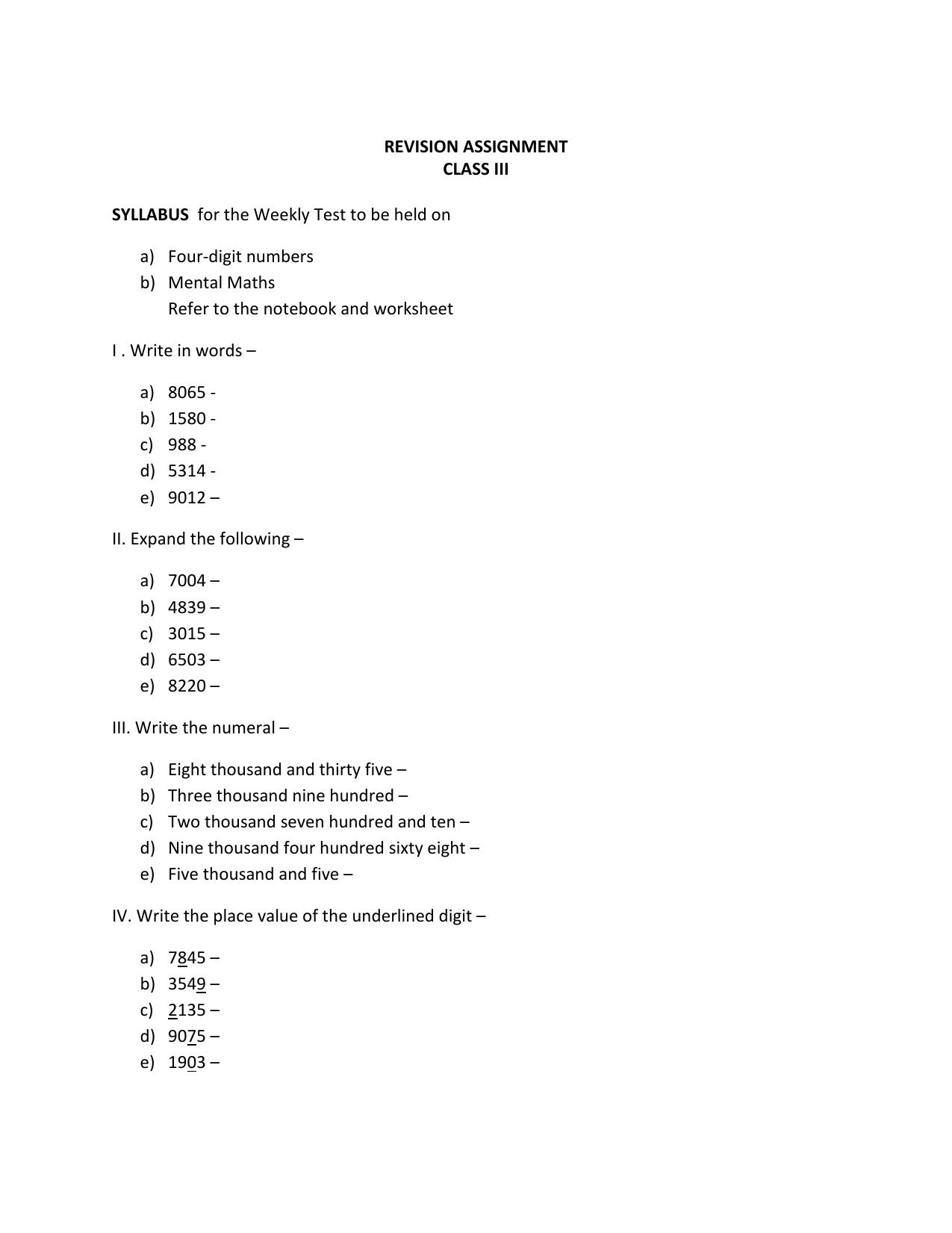 Worksheet for Class 3 All subjects Assignment 1 - IndCareer Docs