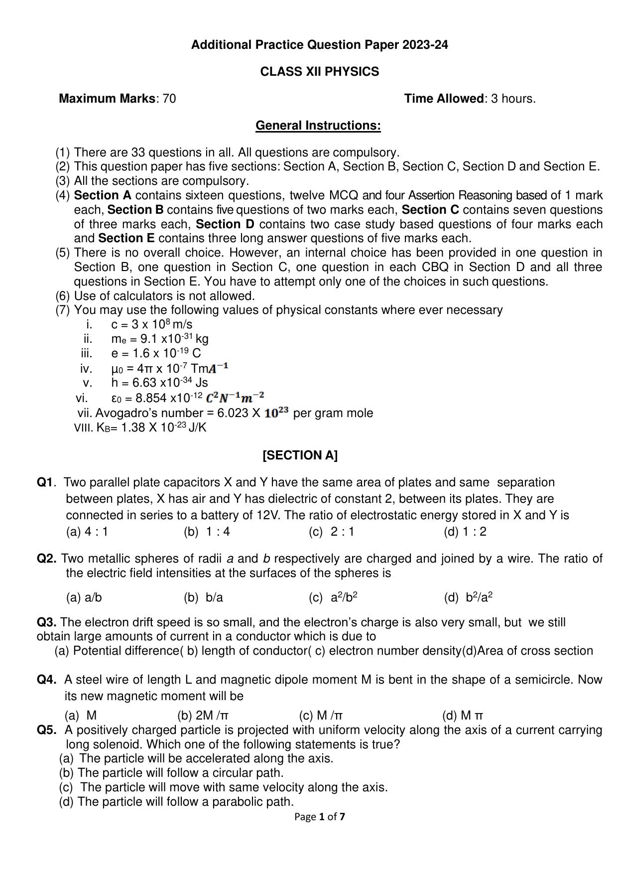 CBSE Class 12 Physics SET 2 Practice Questions 2023-24 - IndCareer Docs
