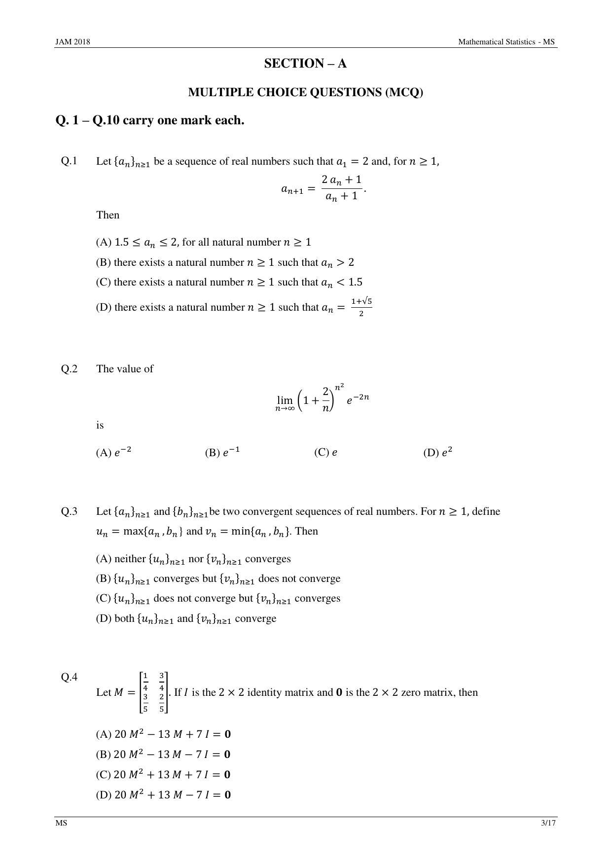 JAM 2018: MS Question Paper - IndCareer Docs