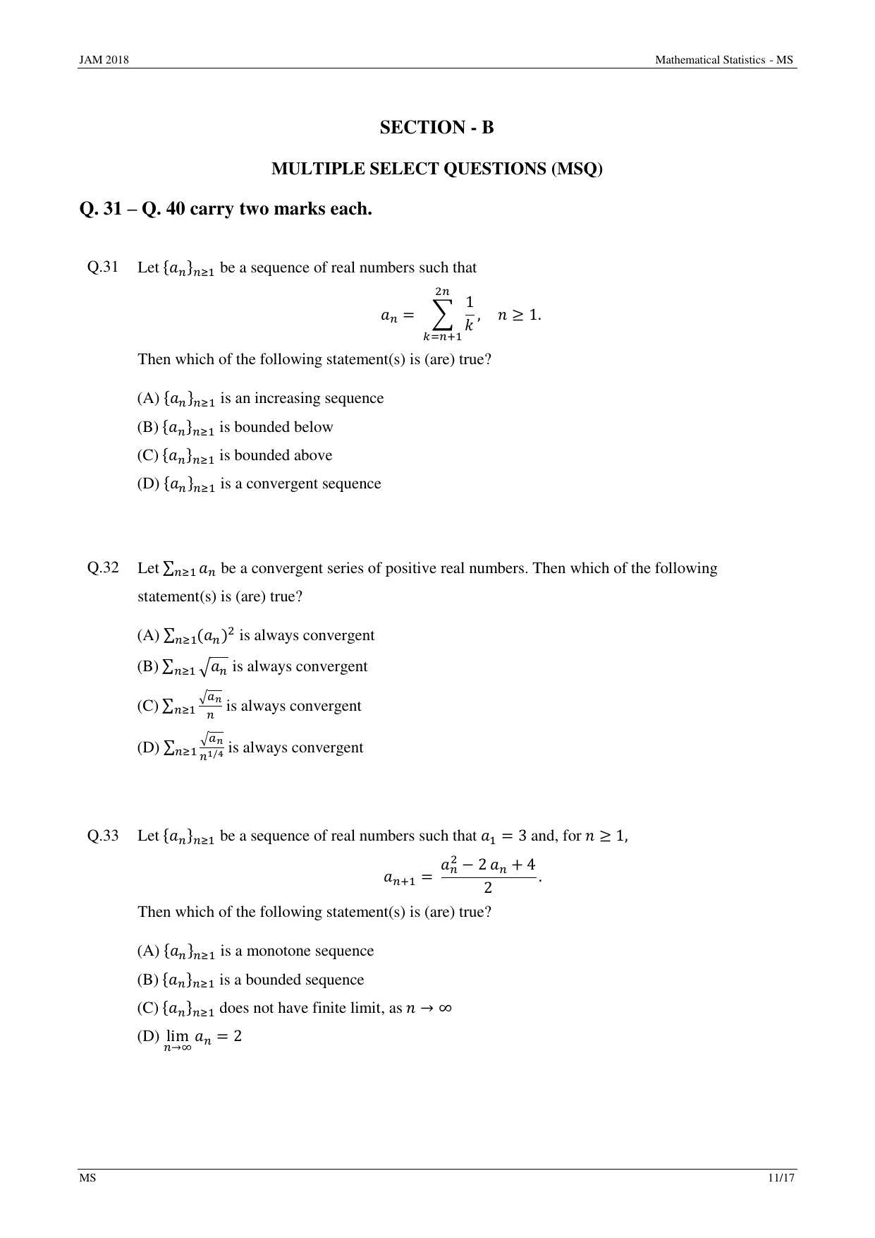 JAM 2018: MS Question Paper - IndCareer Docs