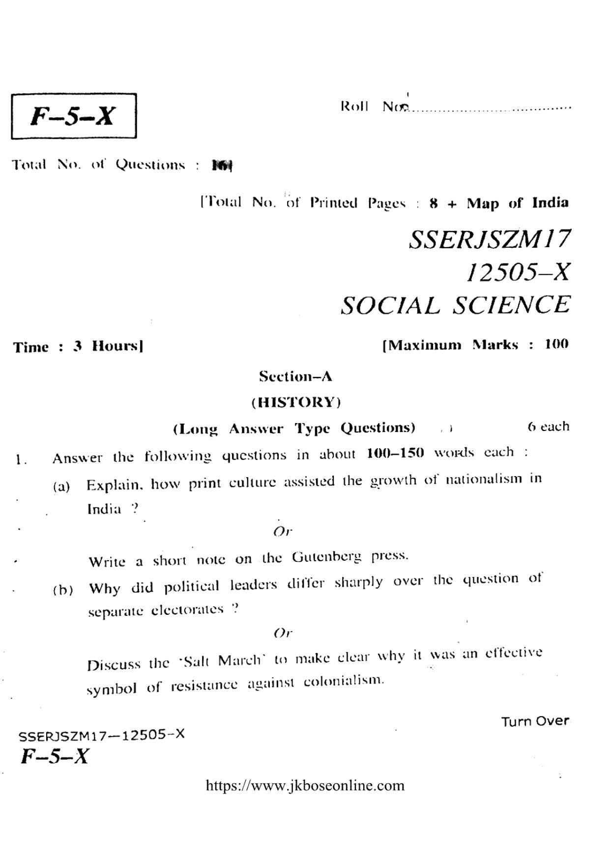 JKBOSE Class 12 Social-Science Question Papers 2017 (12505-X ...