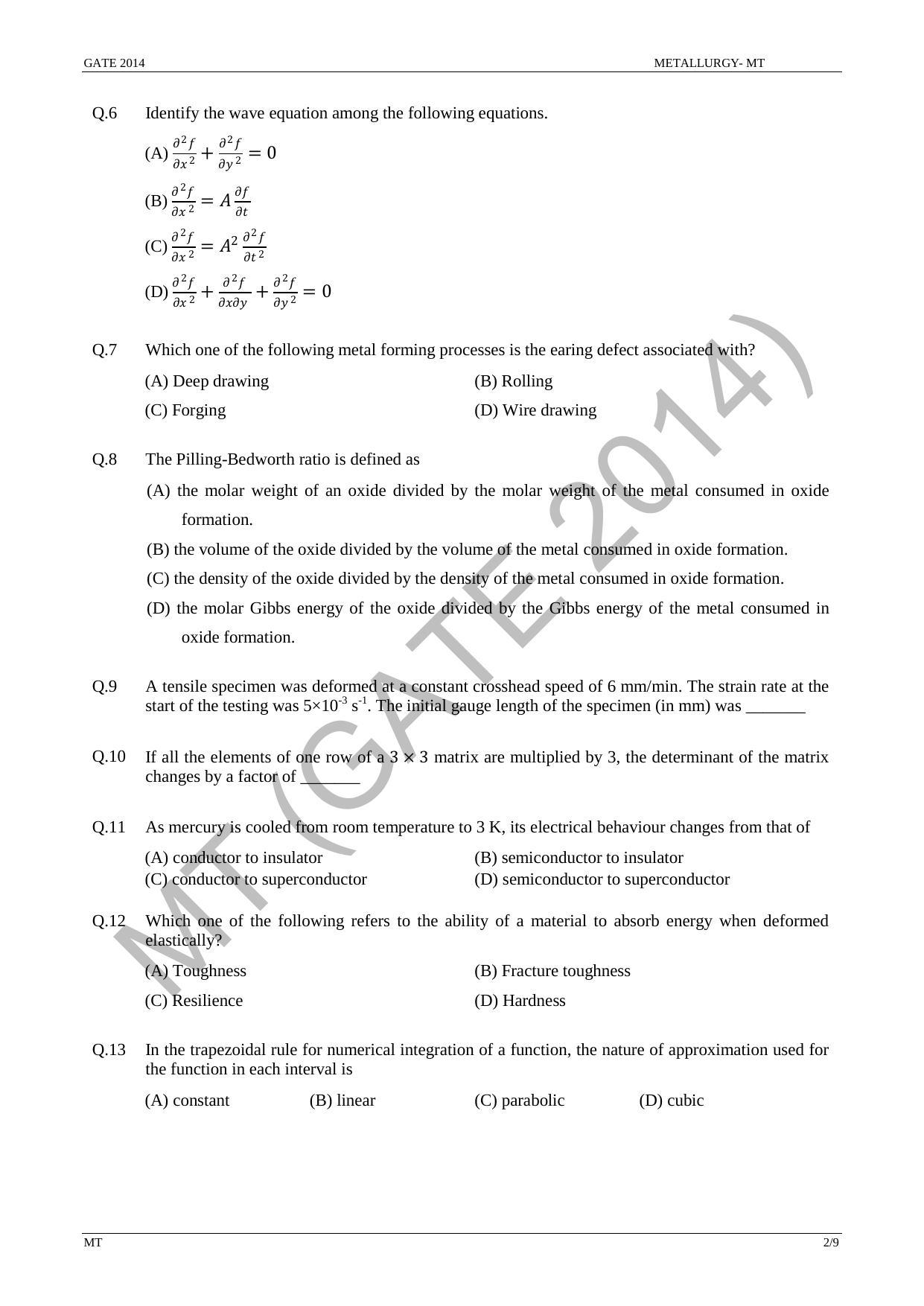 GATE 2014 Metallurgical Engineering (MT) Question Paper with Answer Key ...