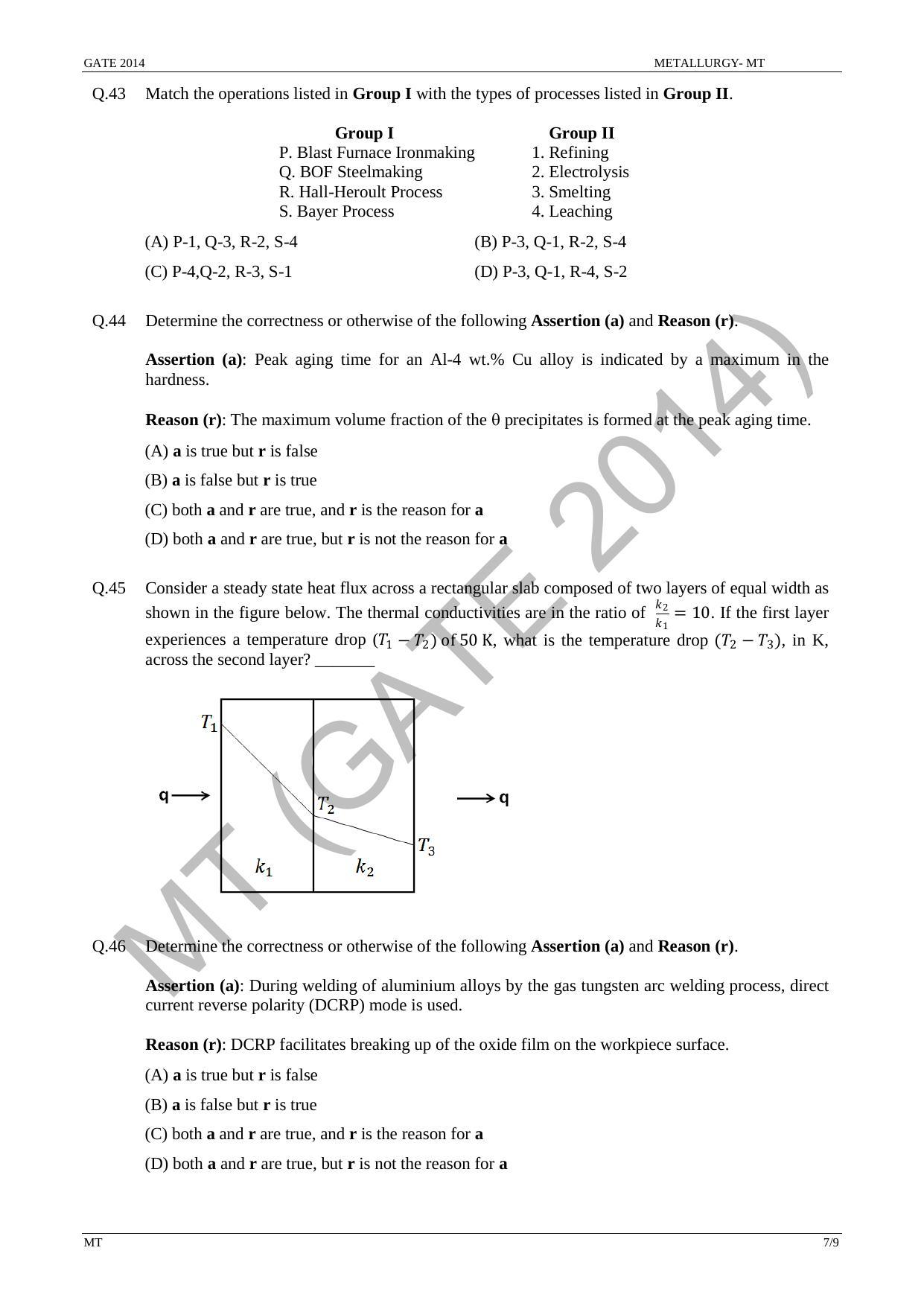 GATE 2014 Metallurgical Engineering (MT) Question Paper with Answer Key - IndCareer Docs