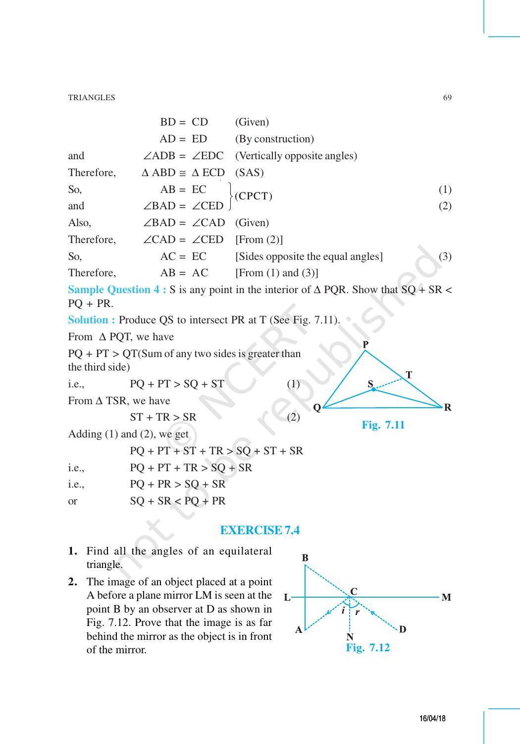 NCERT Exemplar Book for Class 9 Maths Chapter 7 Triangles