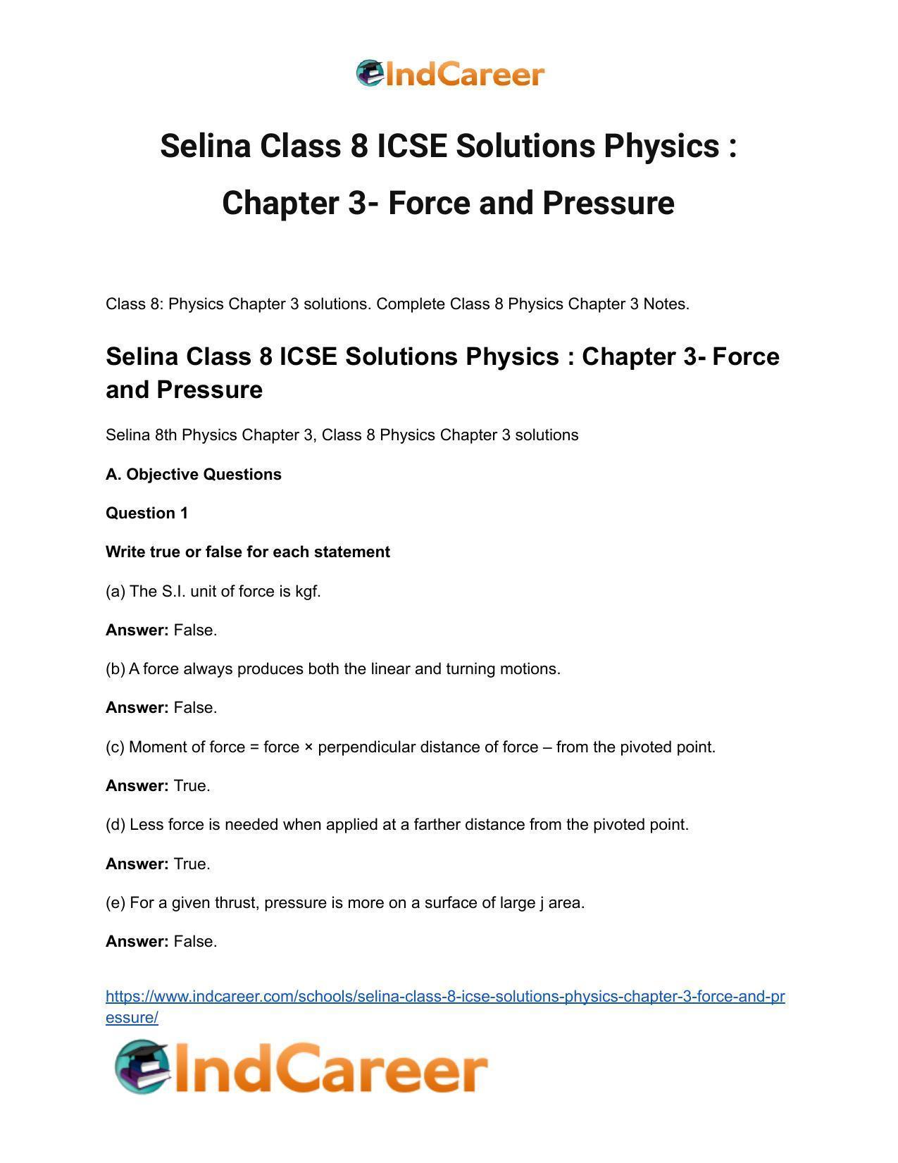 Selina Class 8 ICSE Solutions Physics : Chapter 3- Force and Pressure ...