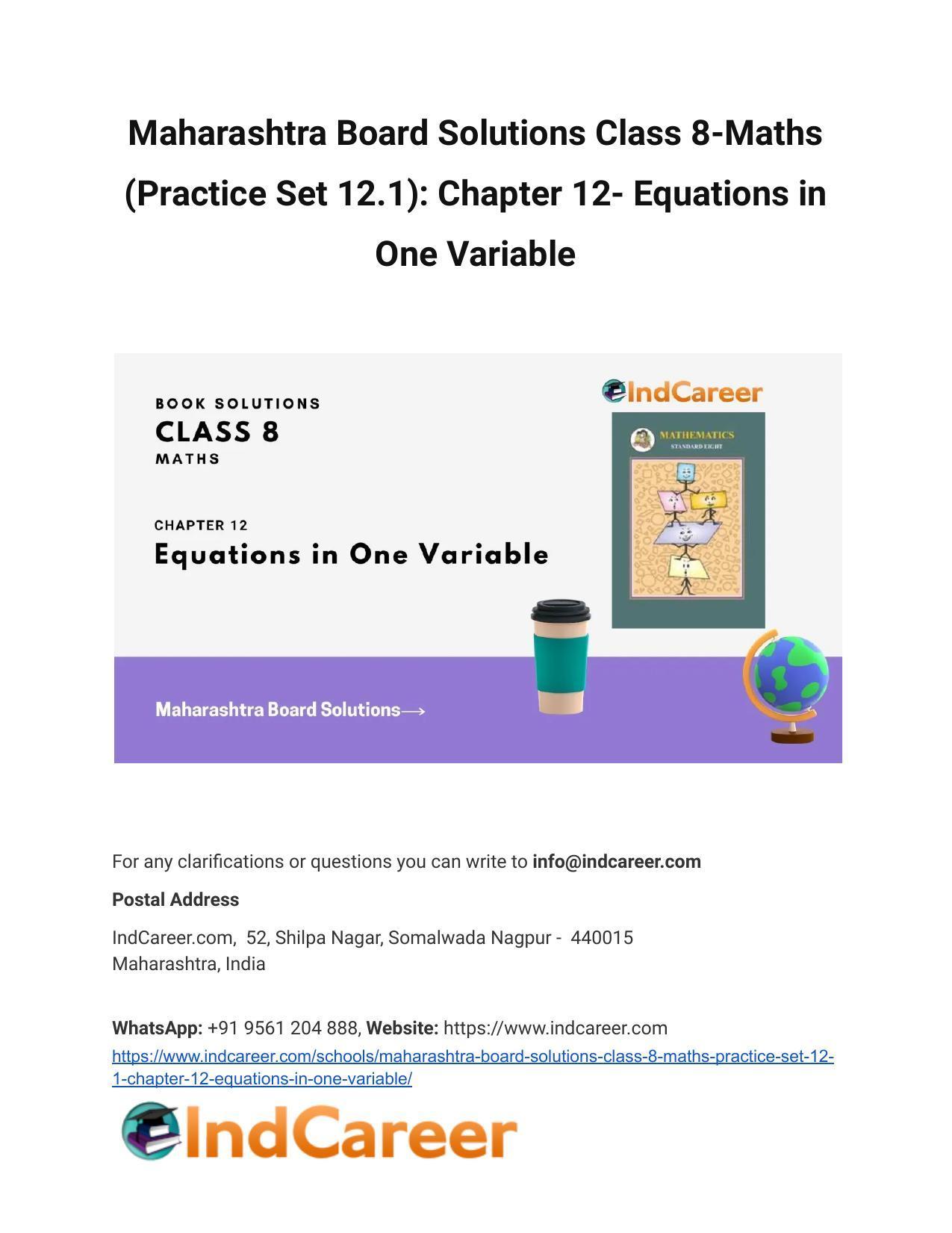 Maharashtra Board Solutions Class 8-Maths (Practice Set 12.1): Chapter 12- Equations in One ...