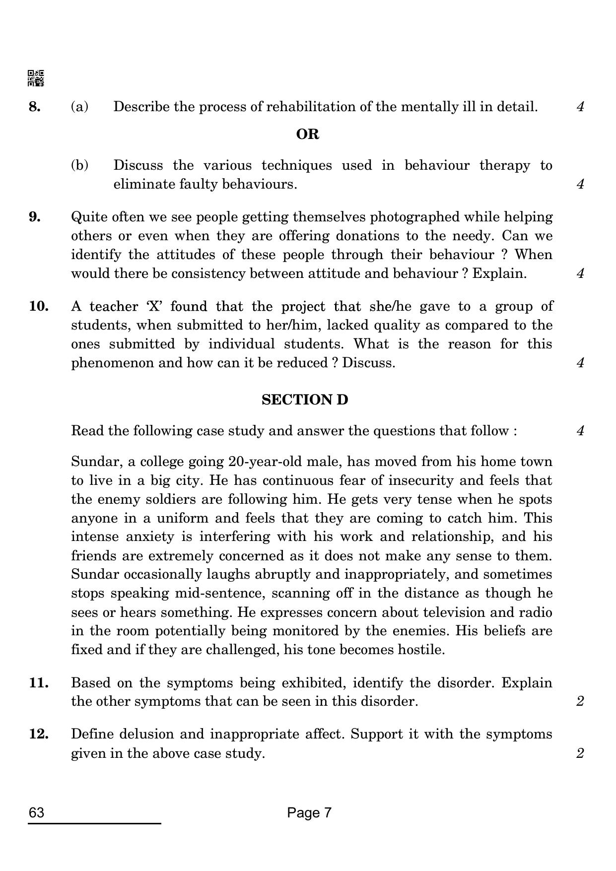 CBSE Class 12 63 Psychology 2022 Question Paper IndCareer Docs