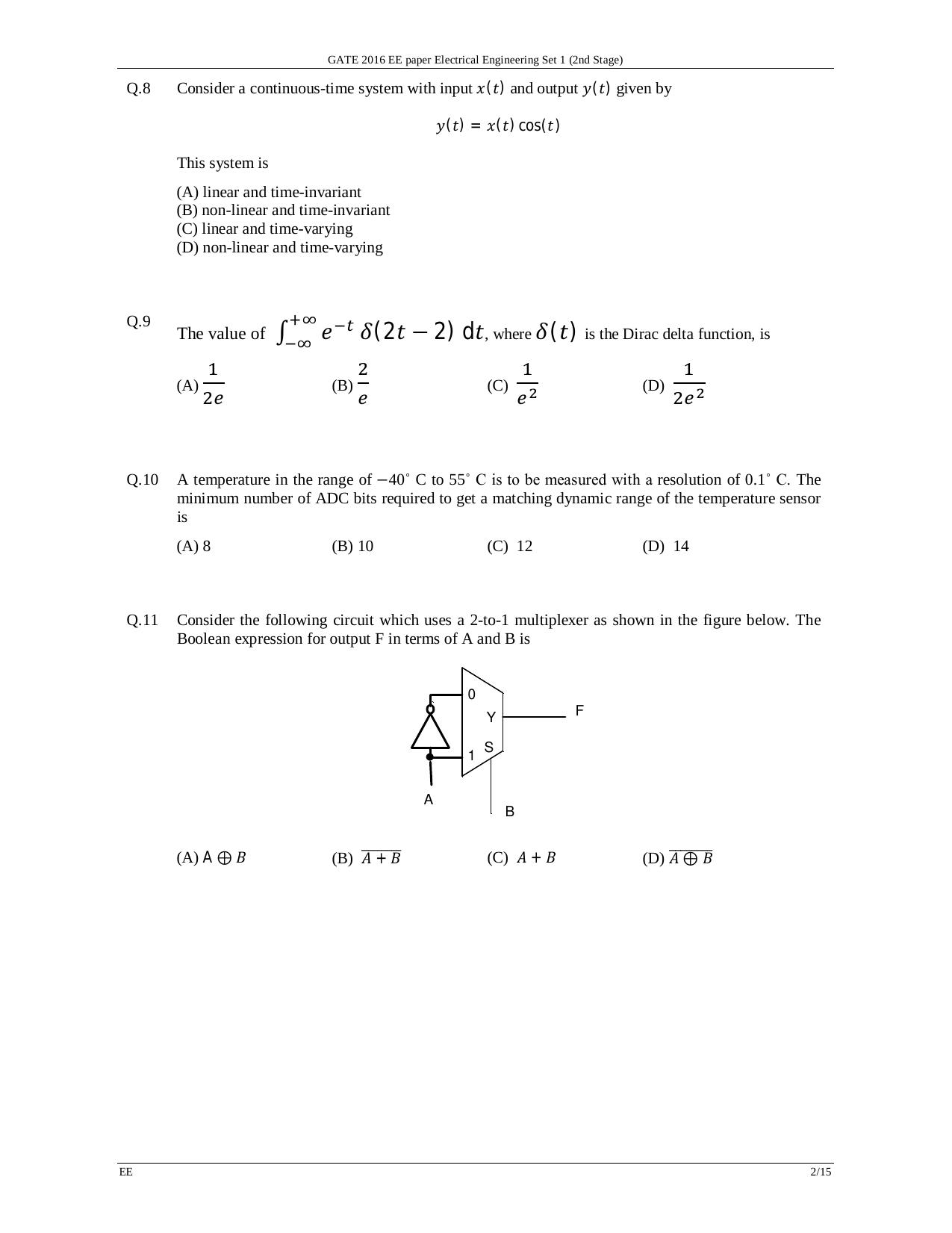 GATE 2016 Electrical Engineering (EE) Question Paper with Answer Key ...