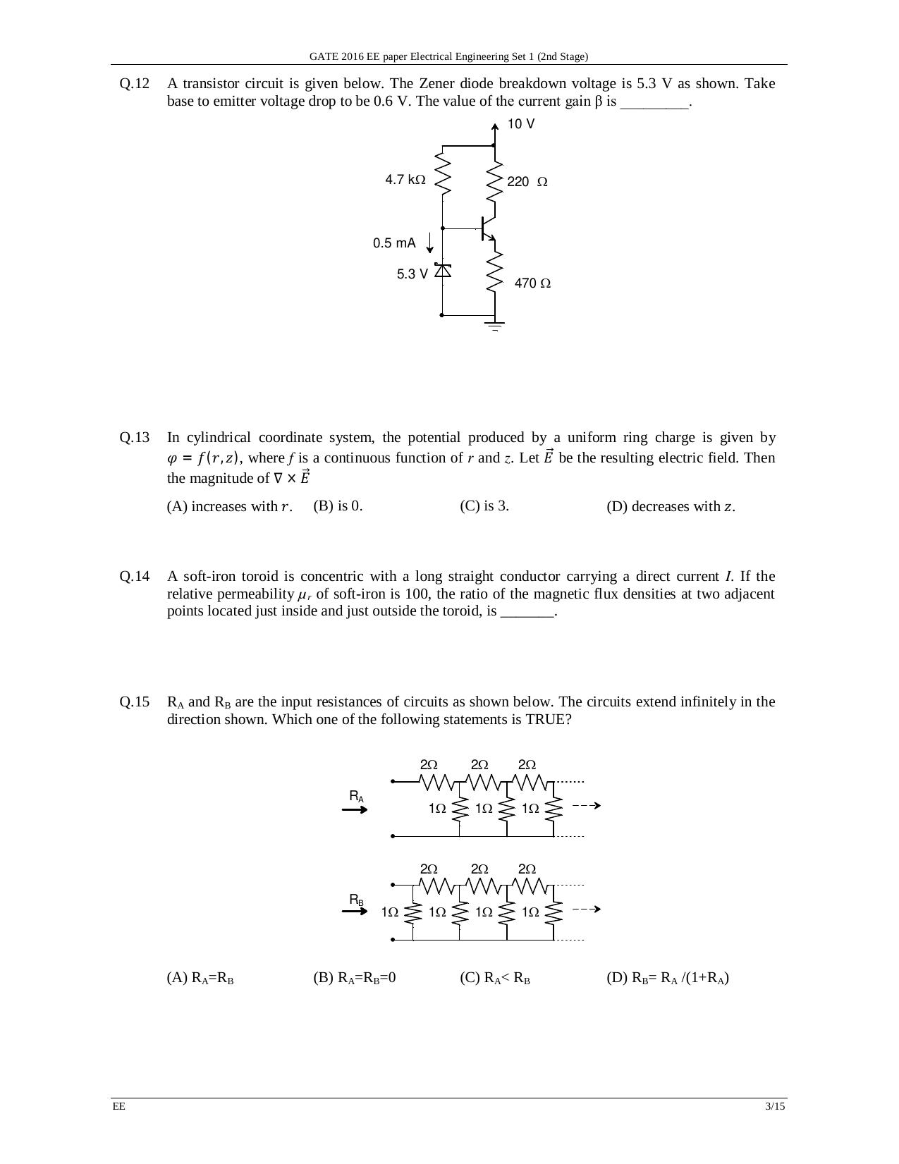 GATE 2016 Electrical Engineering (EE) Question Paper with Answer Key ...
