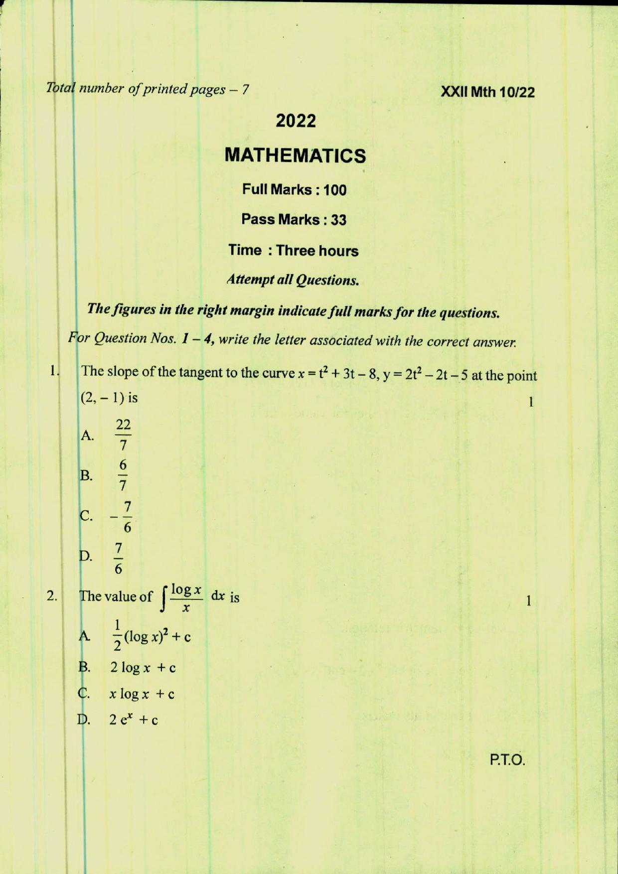 COHSEM 12th Question Papers 2022 Mathematics - IndCareer Docs