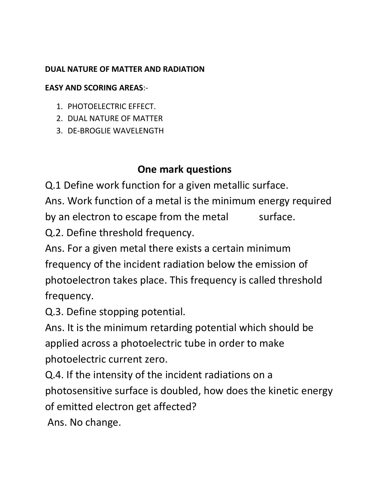 CBSE Physics Class 12 Worksheets Dual nature of Matter and Radiation ...