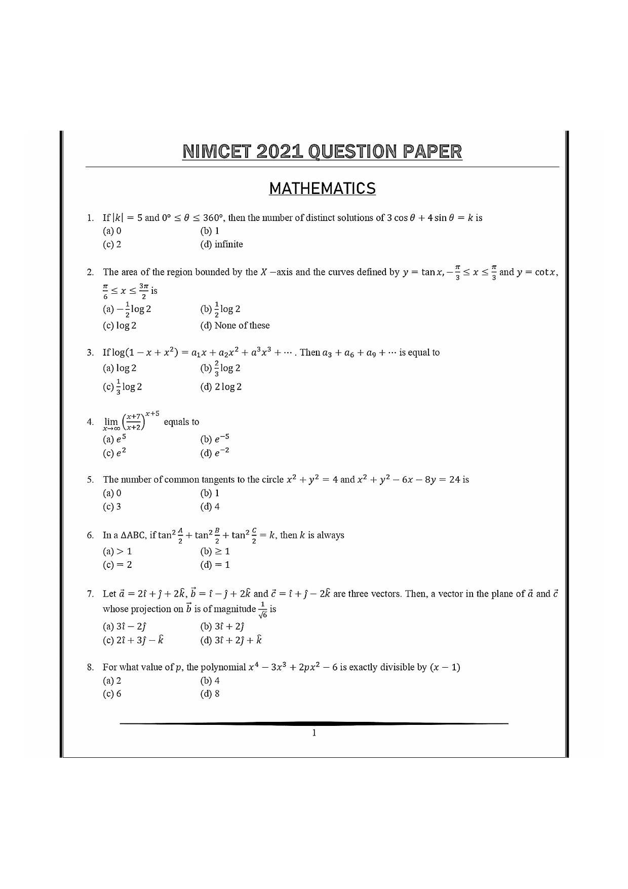 NIMCET 2021 Question Paper - IndCareer Docs