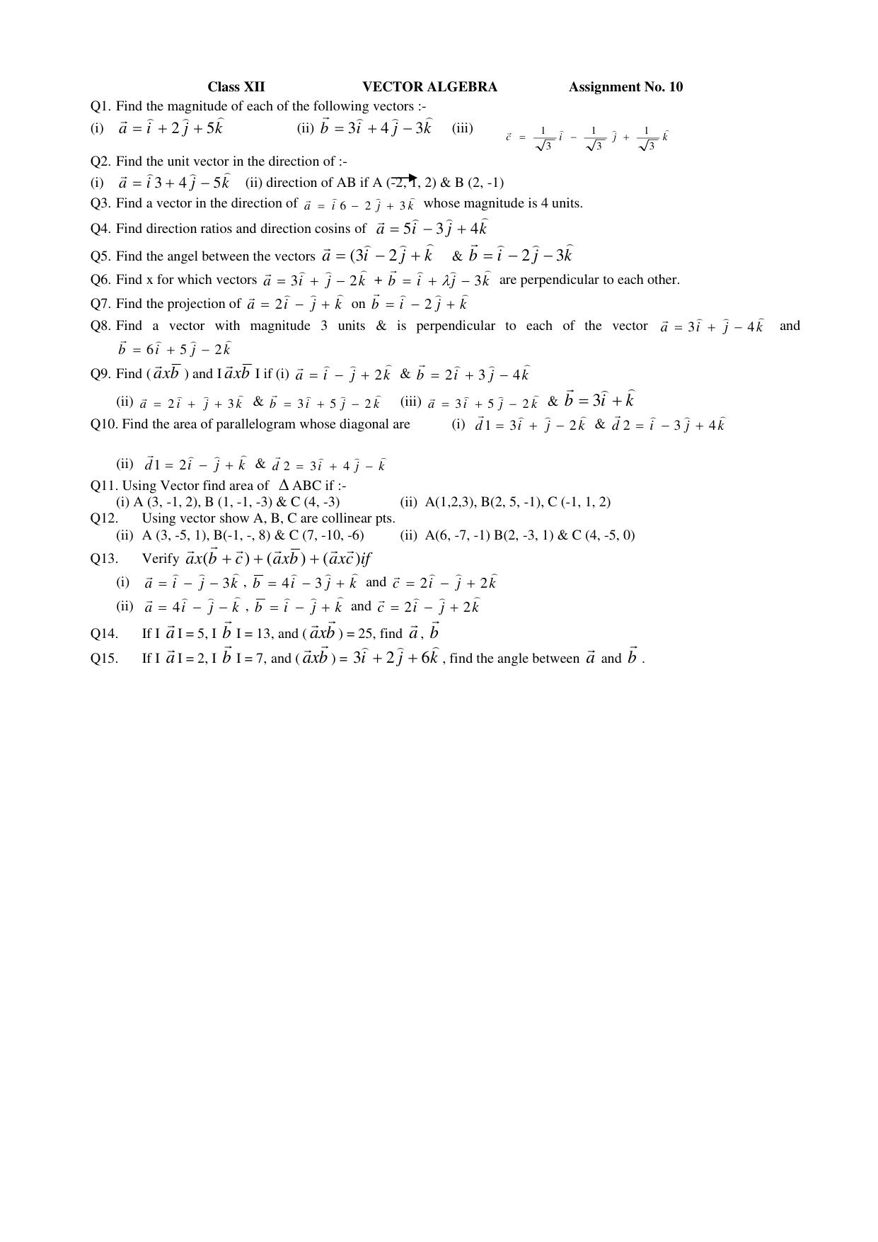CBSE Class 12 Maths Vector Algebra Assignment - IndCareer Docs