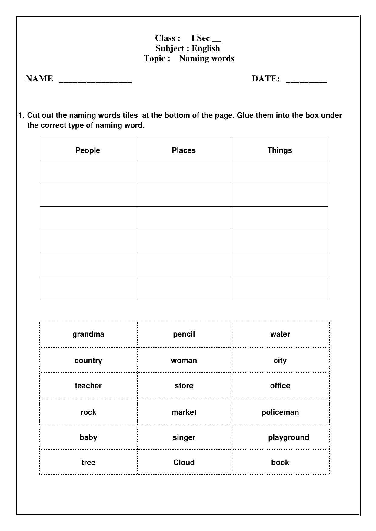 Worksheet for Class 1 English Assignment 34 Naming Words - IndCareer Docs