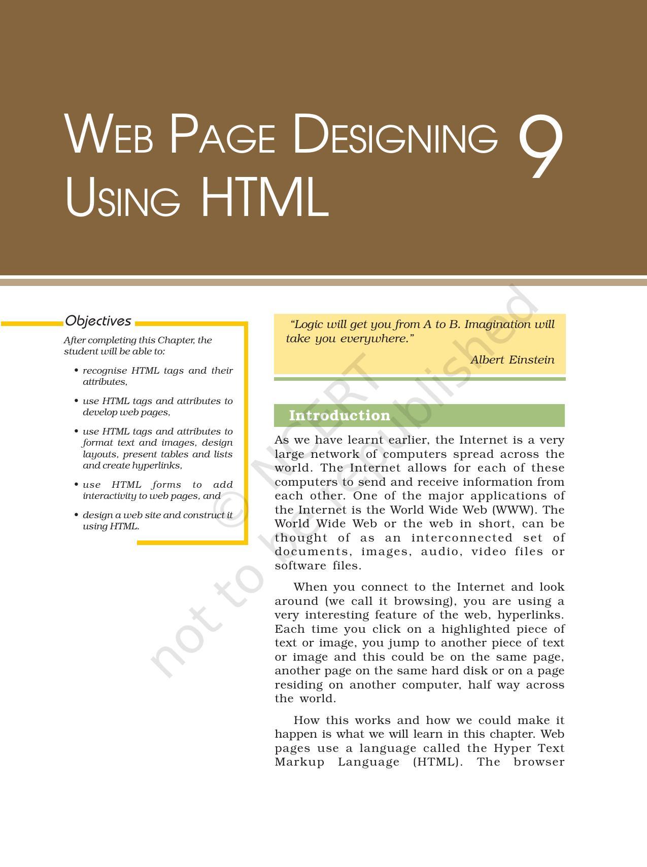 NCERT Book for Class 11 Computers Chapter 9 Web Page Designing Using HTML