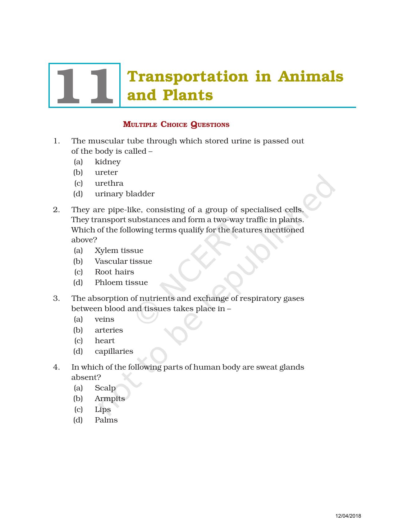 NCERT Exemplar Book for Class 7 Science Chapter 11-Transportation in ...
