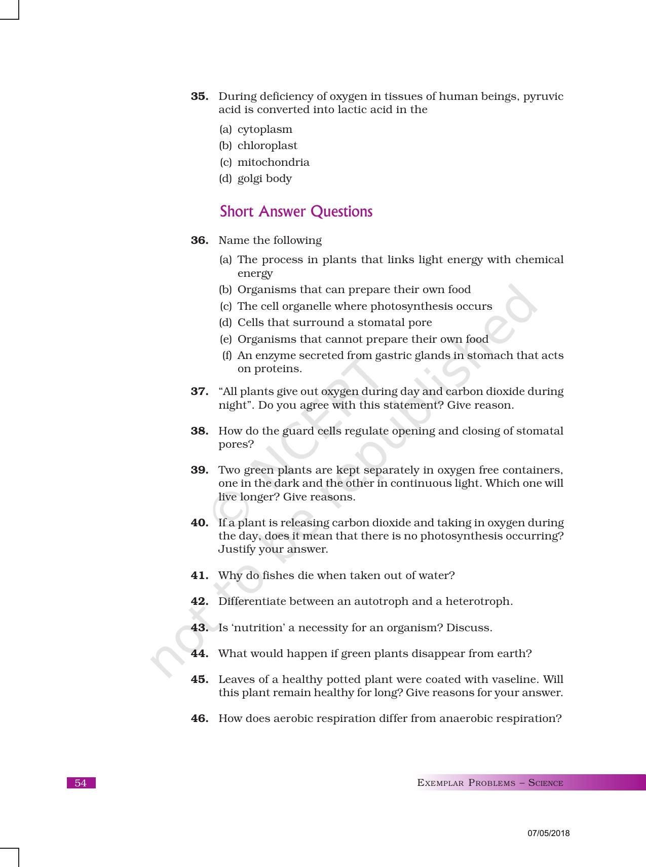 NCERT Exemplar Book for Class 10 Science Chapter 6 Life Processes