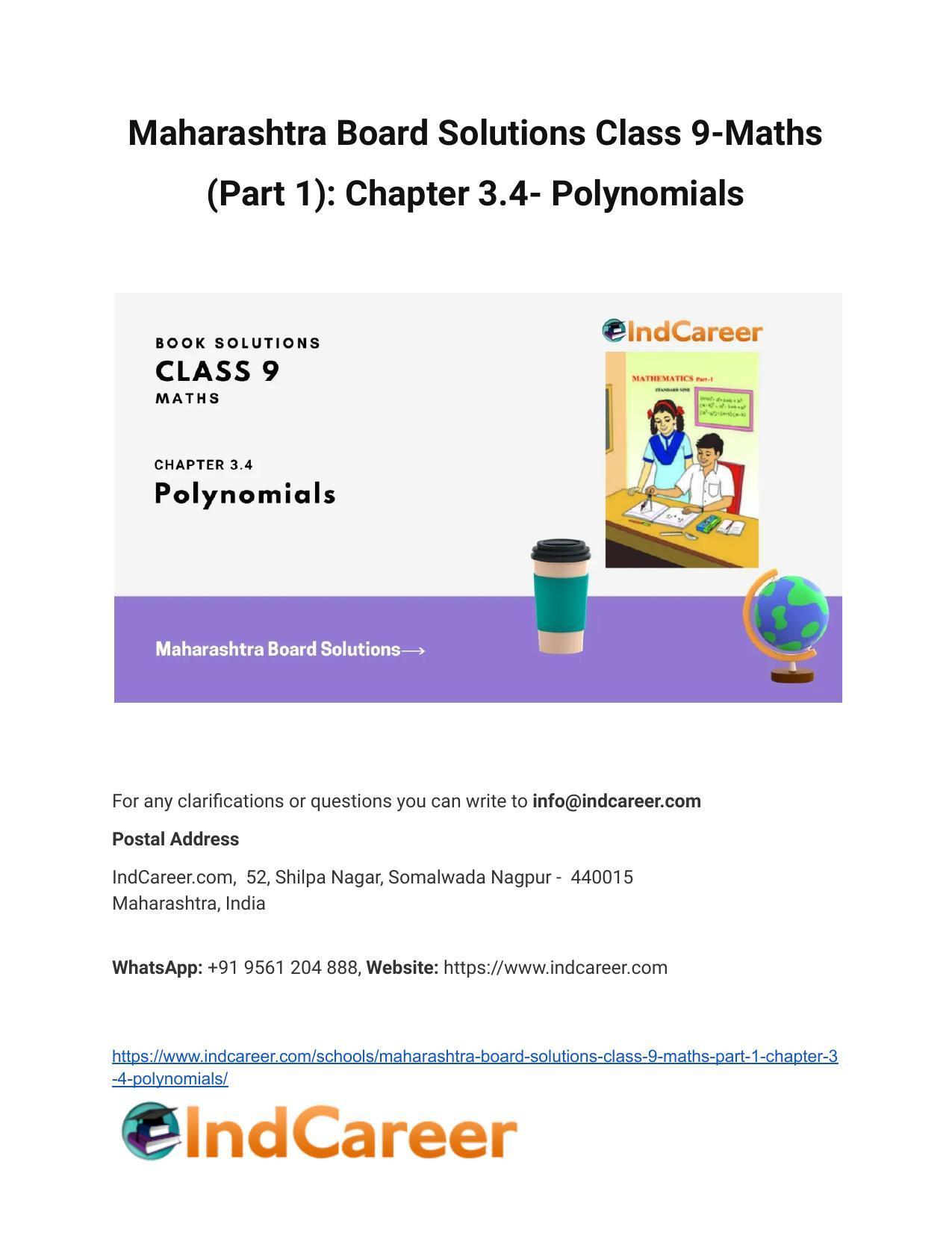 Maharashtra Board Solutions Class 9-Maths (Part 1): Chapter 3.4- Polynomials - IndCareer Docs