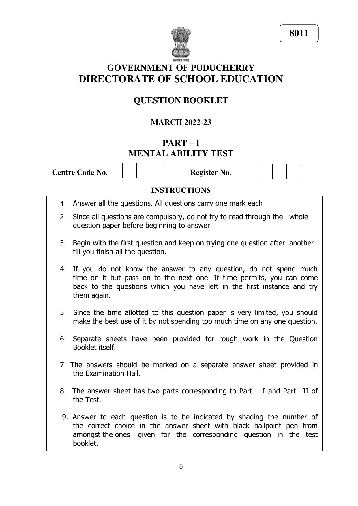 Puducherry NMMS 2023 Question Paper - IndCareer Docs