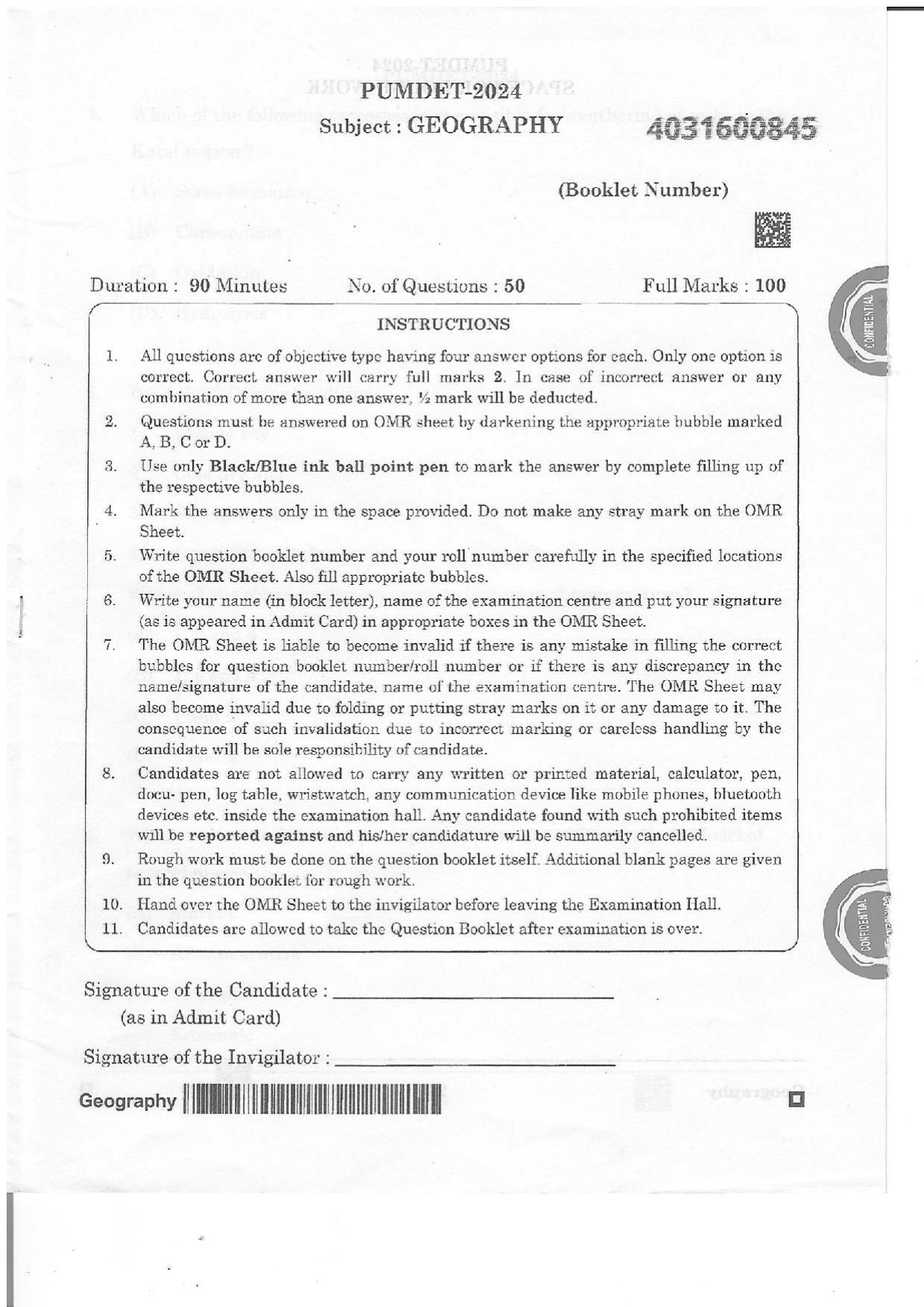 PUMDET 2024 Geography Question Paper - IndCareer Docs