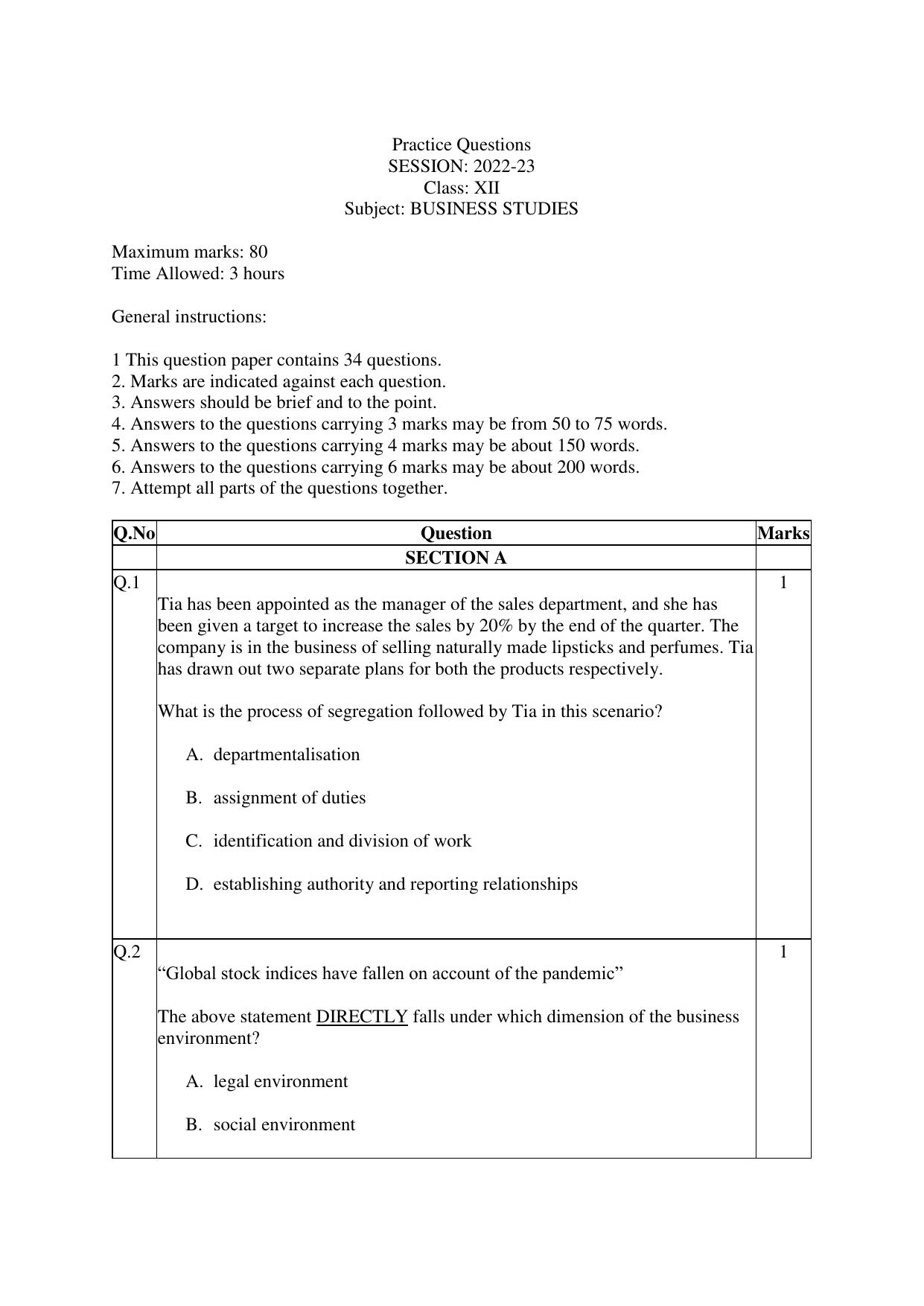 CBSE Class 12 Business Studies Practice Questions 2022-23 - IndCareer Docs