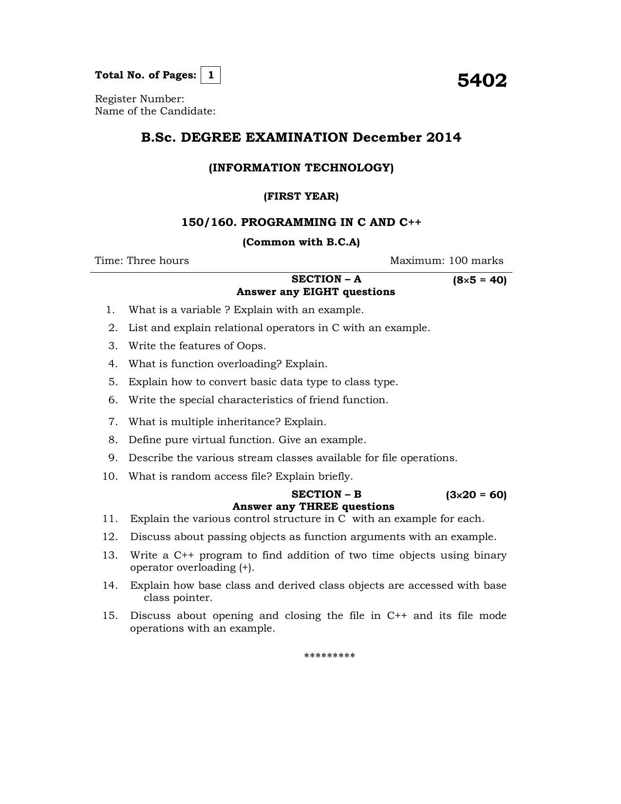 Annamalai University Programming In C & C++ Question Paper B.C.A. (OUS ...