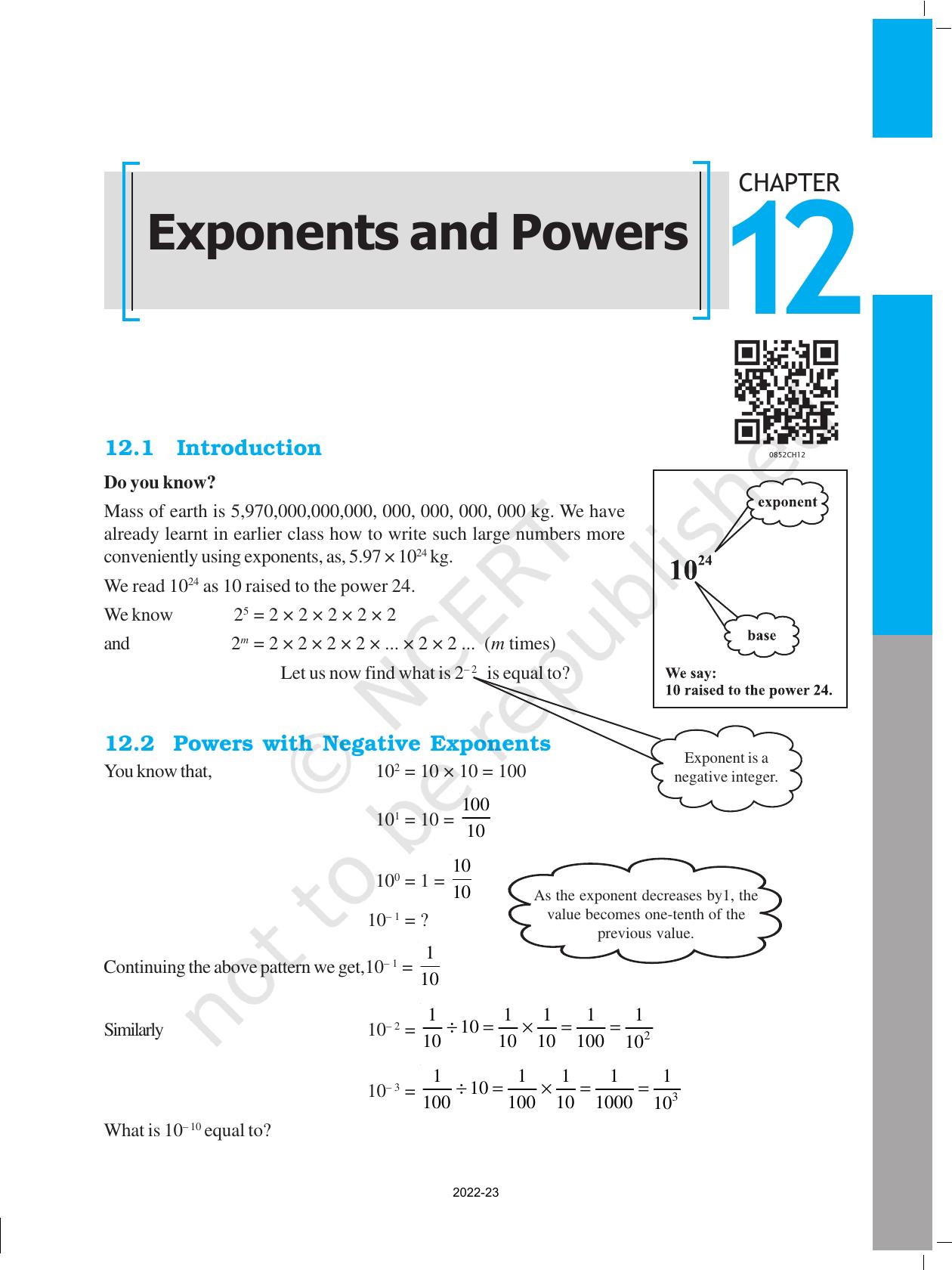 NCERT Book for Class 8 Maths Chapter 12 Exponents and Powers