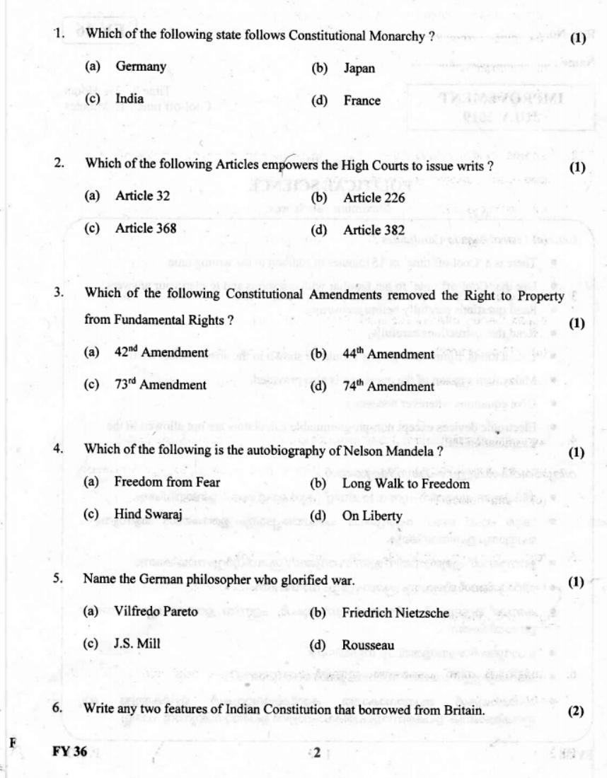 Kerala Plus One 2019 Political Science Question Paper - IndCareer Docs