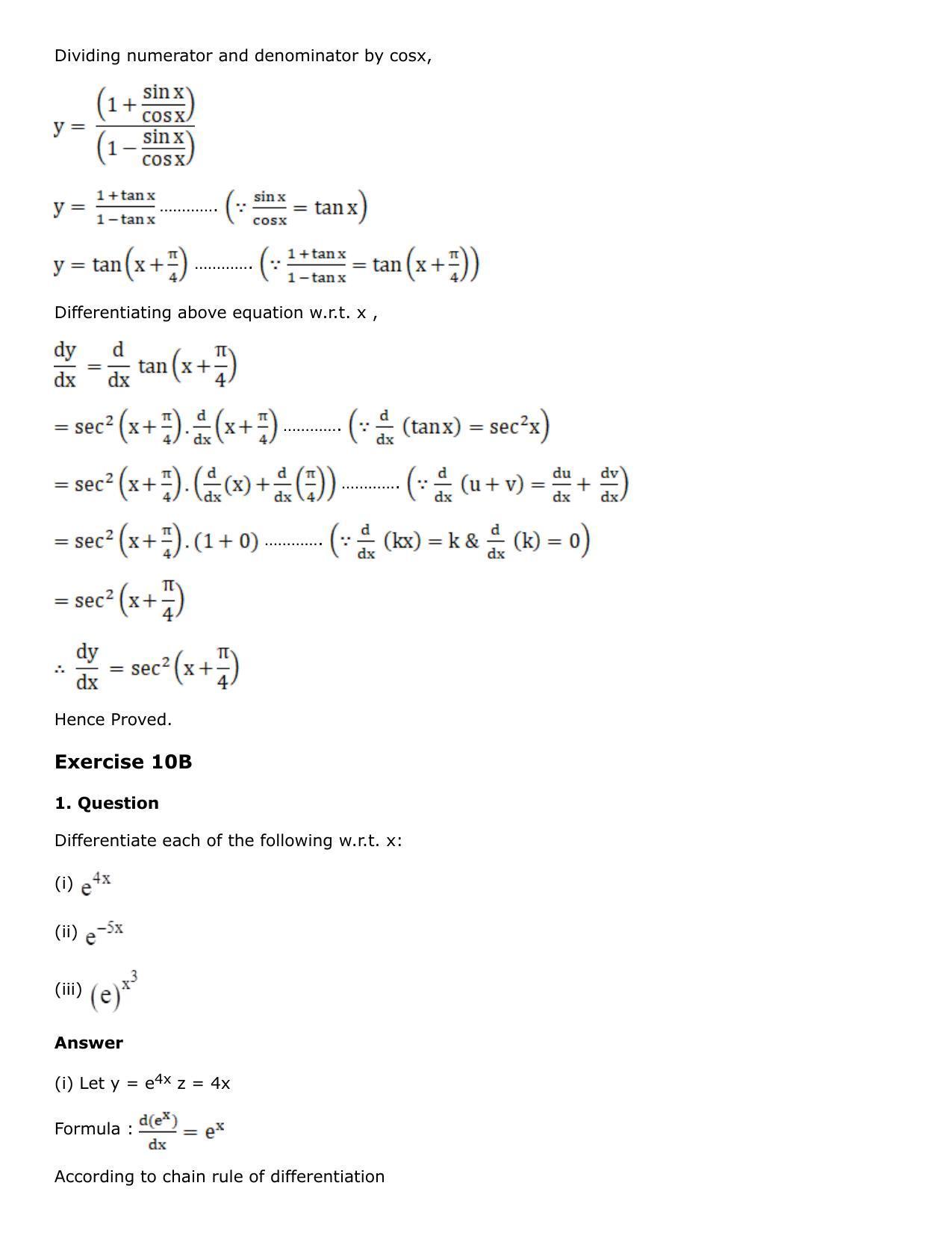 RS Aggarwal Solutions for 12th Class Maths Chapter 10-Differentiation ...