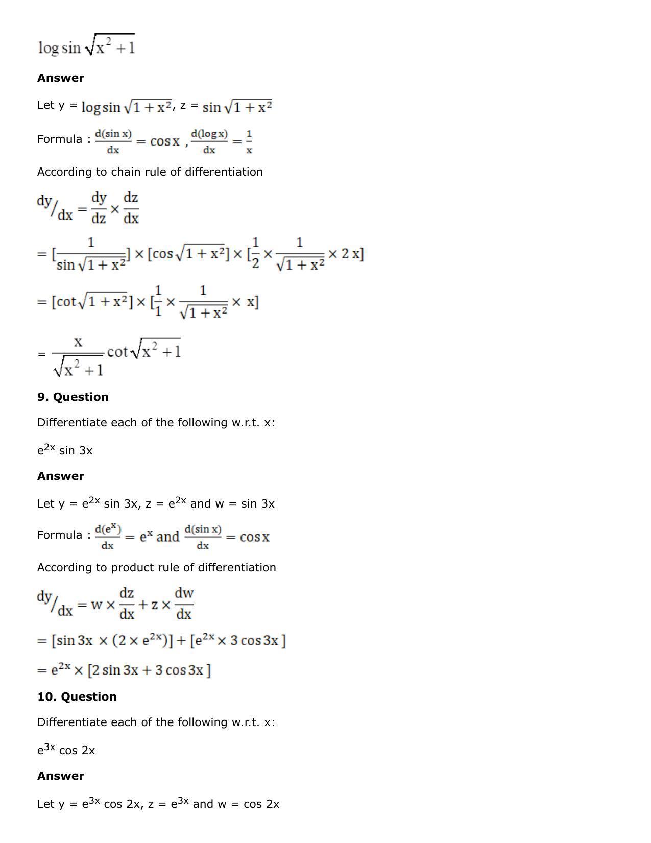 RS Aggarwal Solutions for 12th Class Maths Chapter 10-Differentiation ...